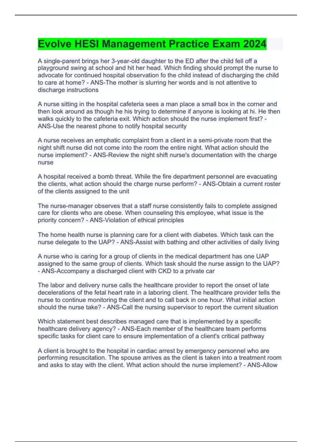 Evolve HESI Management Practice Exam 2024 - Evolve Hesi - Stuvia US