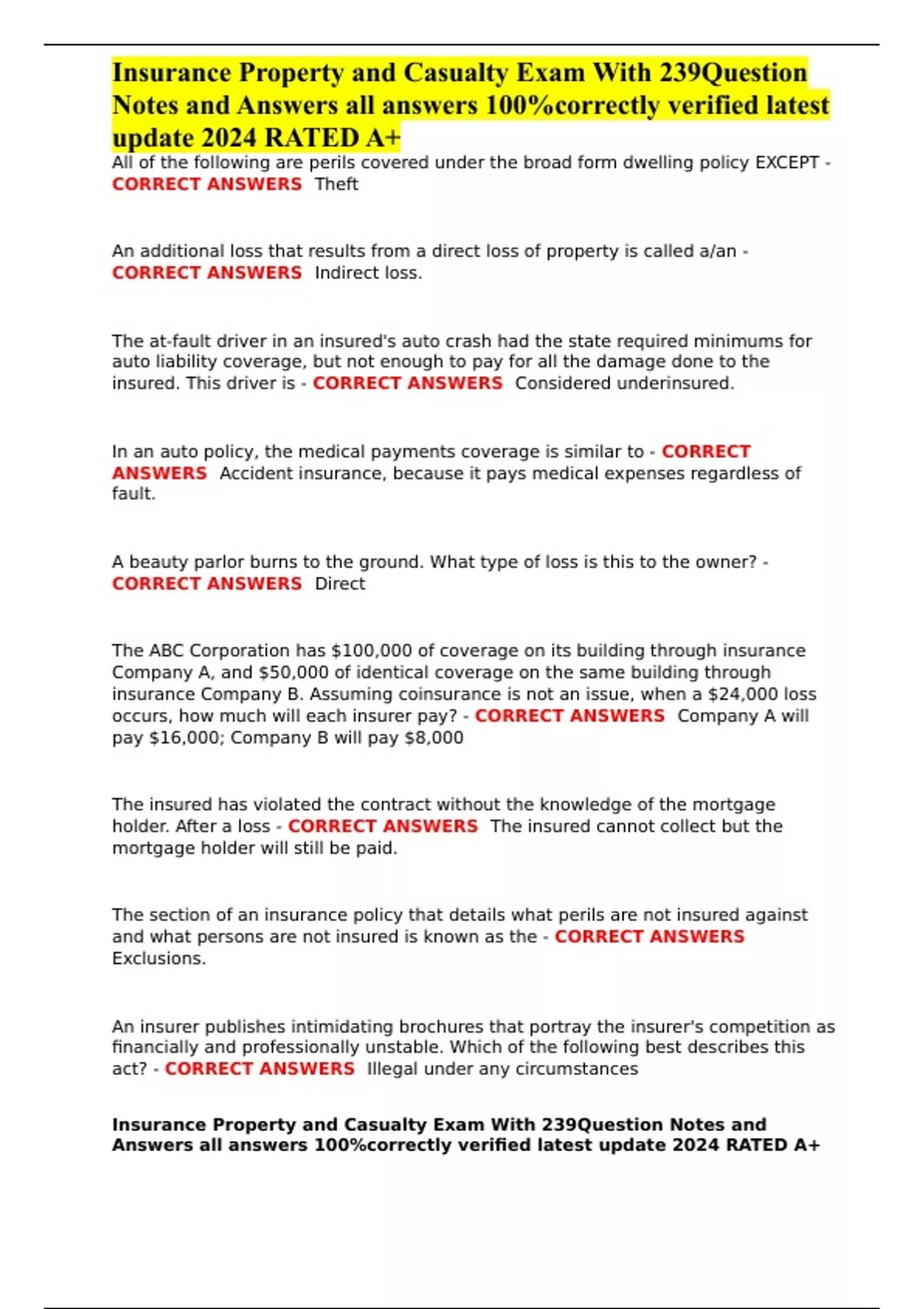 Insurance Property and Casualty Exam With 239Question Notes and Answers ...