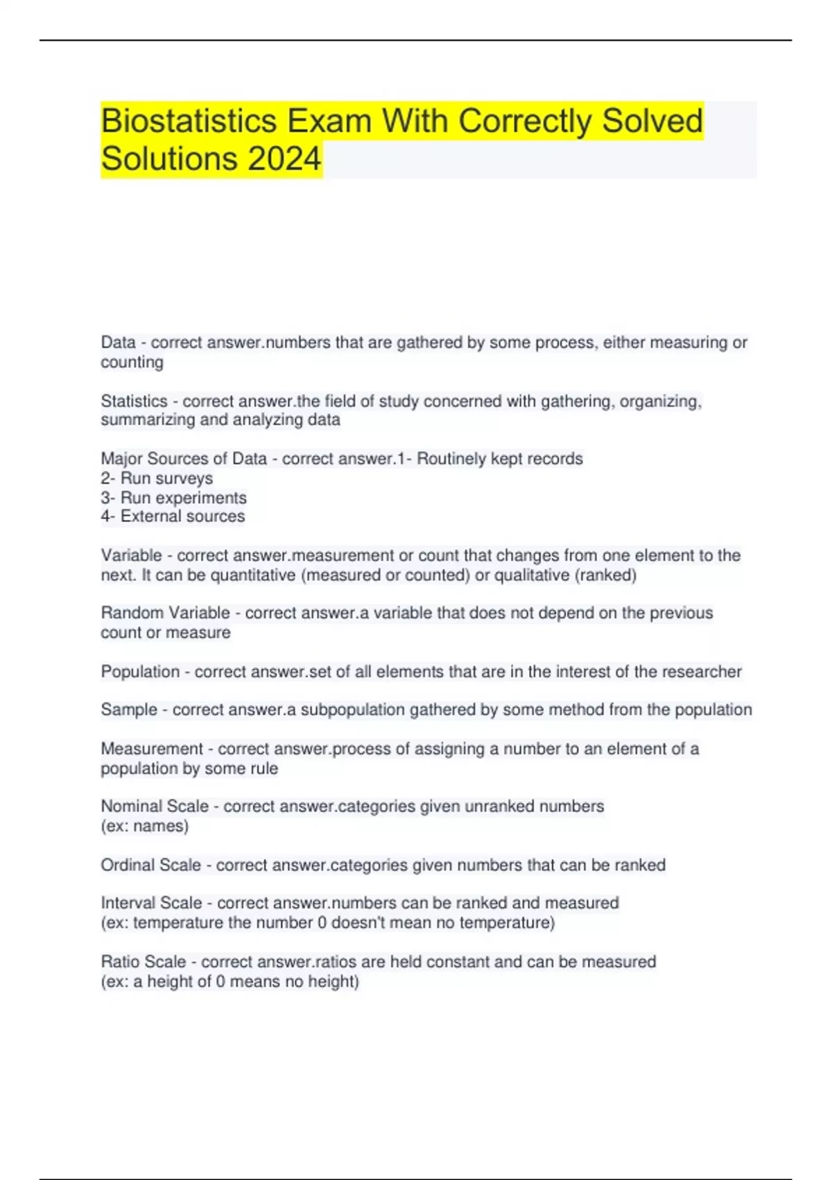 Biostatistics Exam With Correctly Solved Solutions 2024 - Biostatistics - Stuvia US