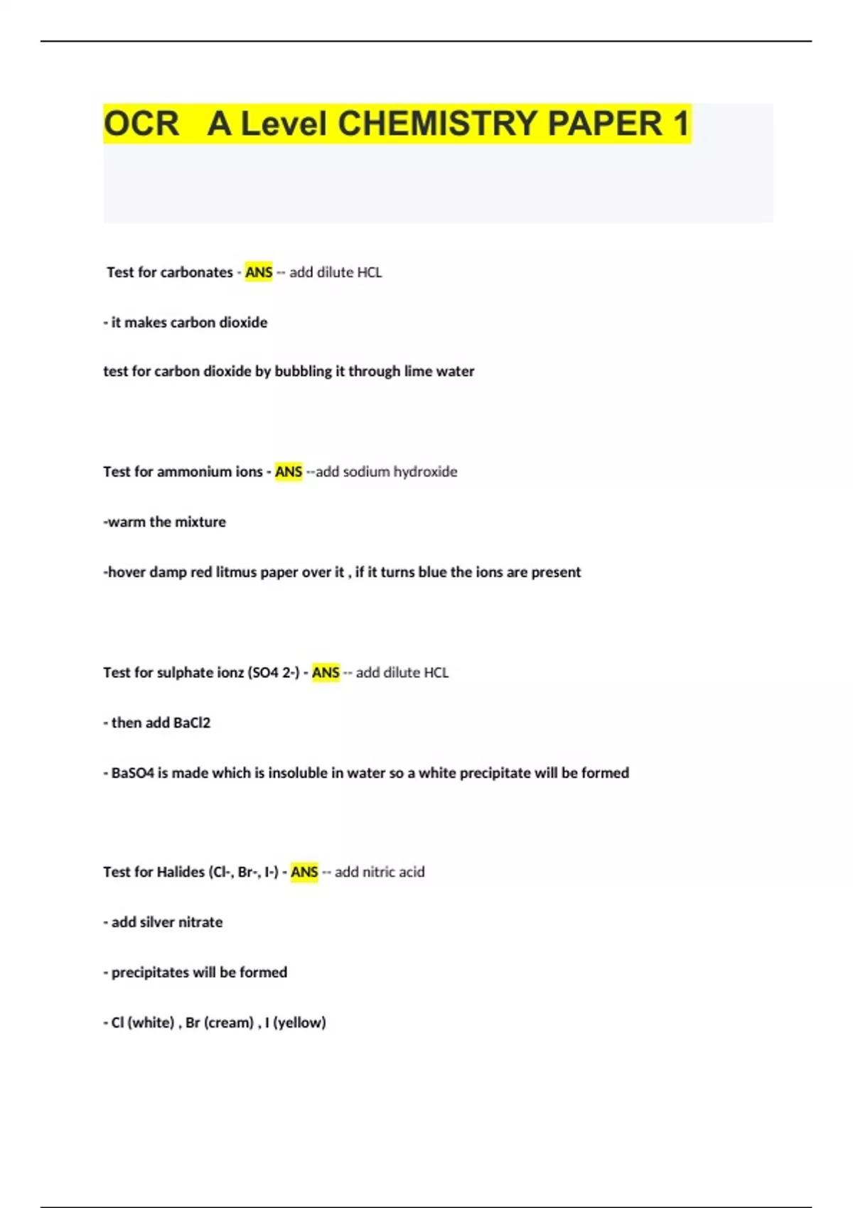 OCR A Level CHEMISTRY PAPER 1 - Chemistry - Stuvia US