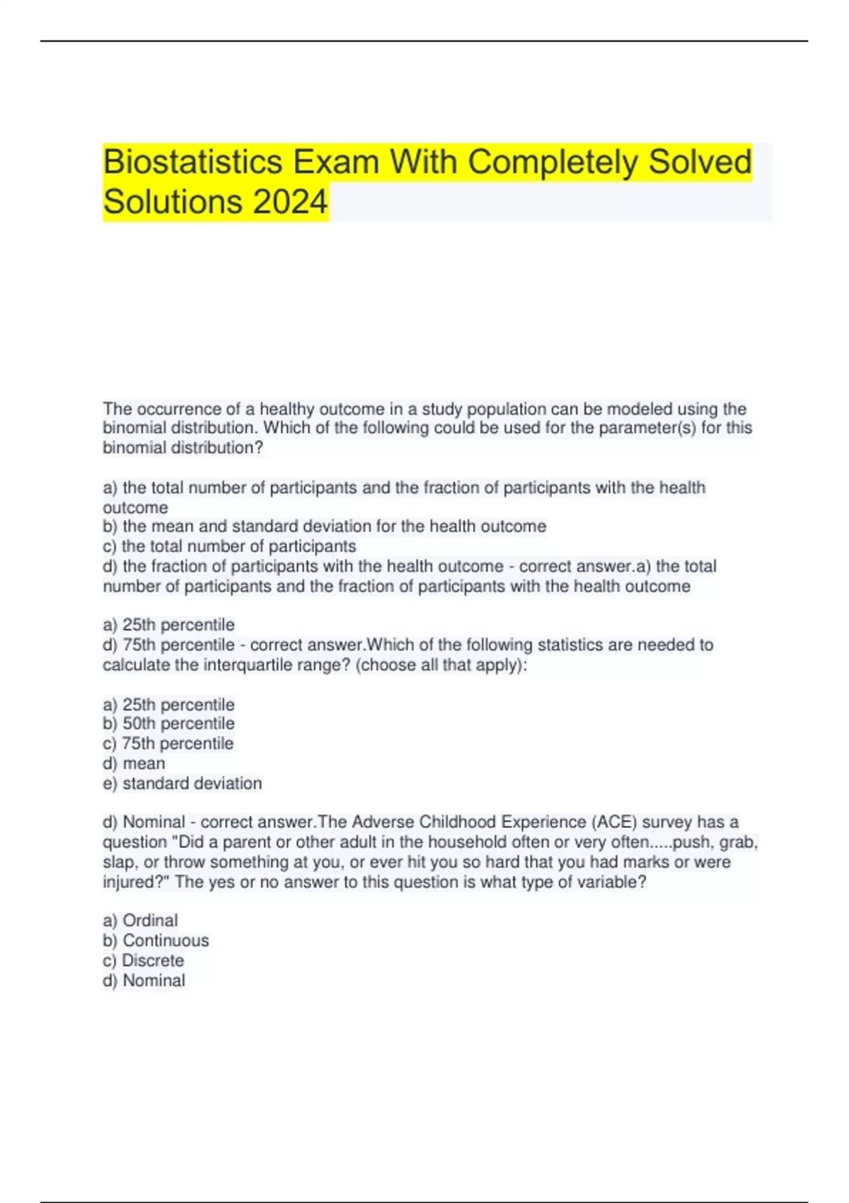 Biostatistics Exam With Completely Solved Solutions 2024 - Biostatistics - Stuvia US