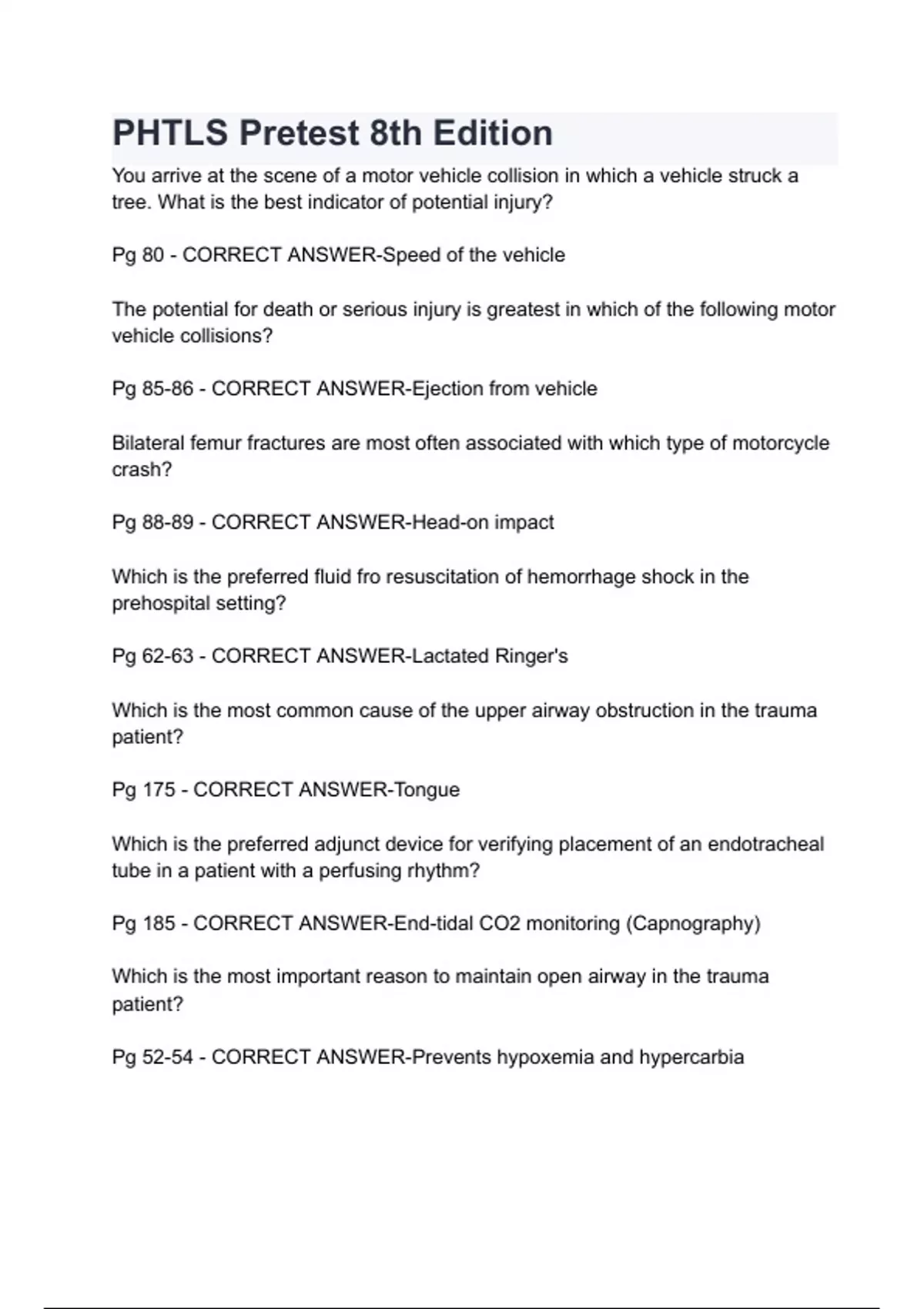 PHTLS Pretest 8th Edition with complete solution - PHTLS - Stuvia US