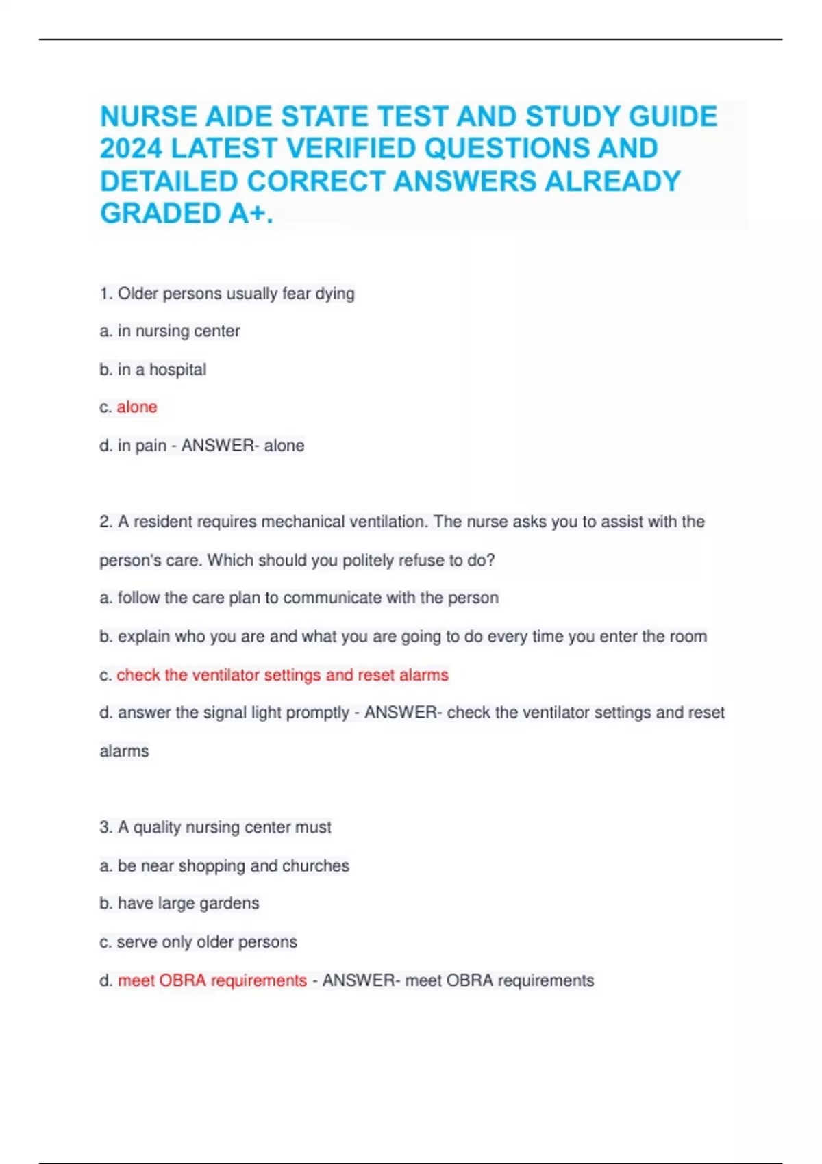 NURSE AIDE STATE TEST AND STUDY GUIDE 2024 LATEST VERIFIED QUESTIONS ...