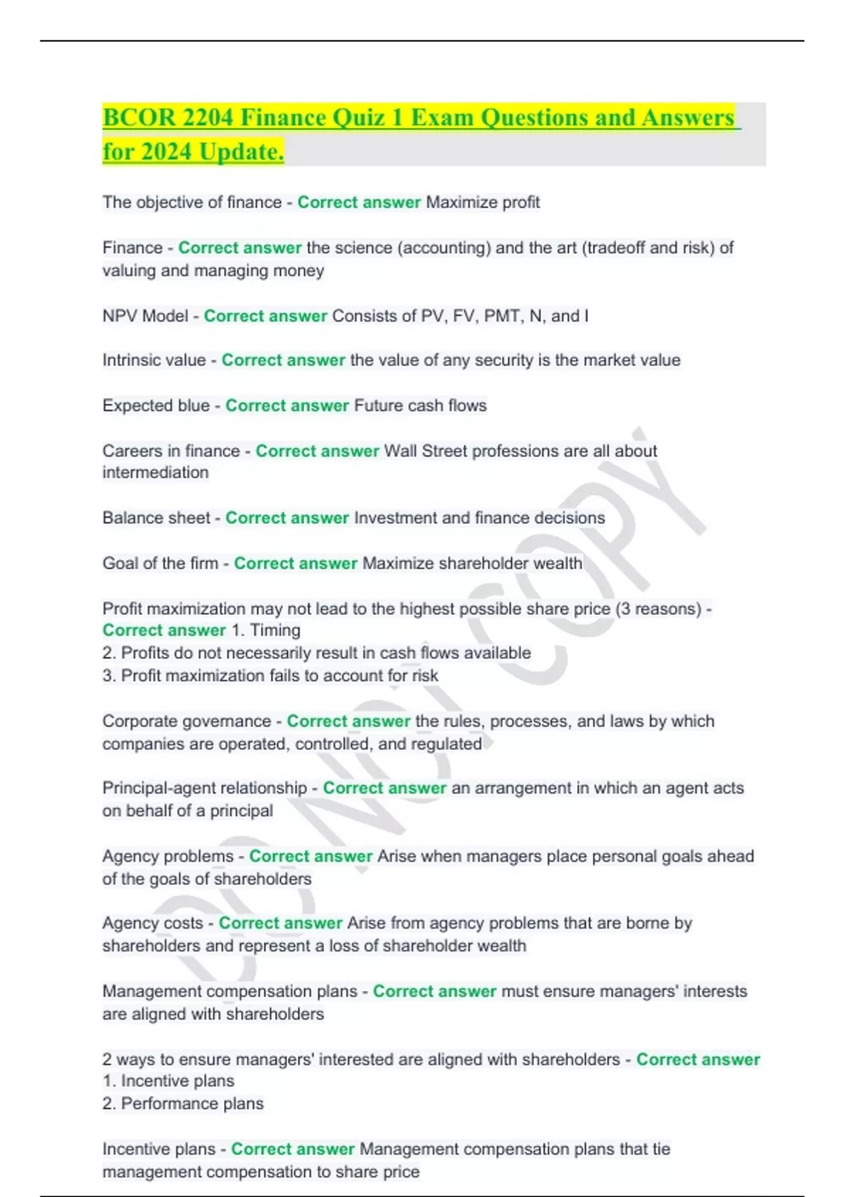BCOR 2204 Finance Quiz 1 Exam Questions and Answers for 2024 Update - CBV - Chartered Business ...