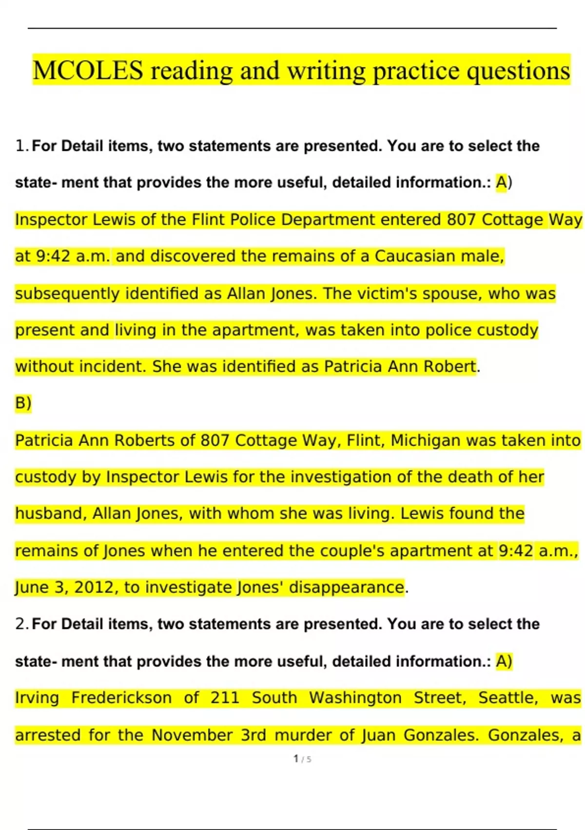 MCOLES Reading and Writing Practice 2025 Exam Questions and Answers ...