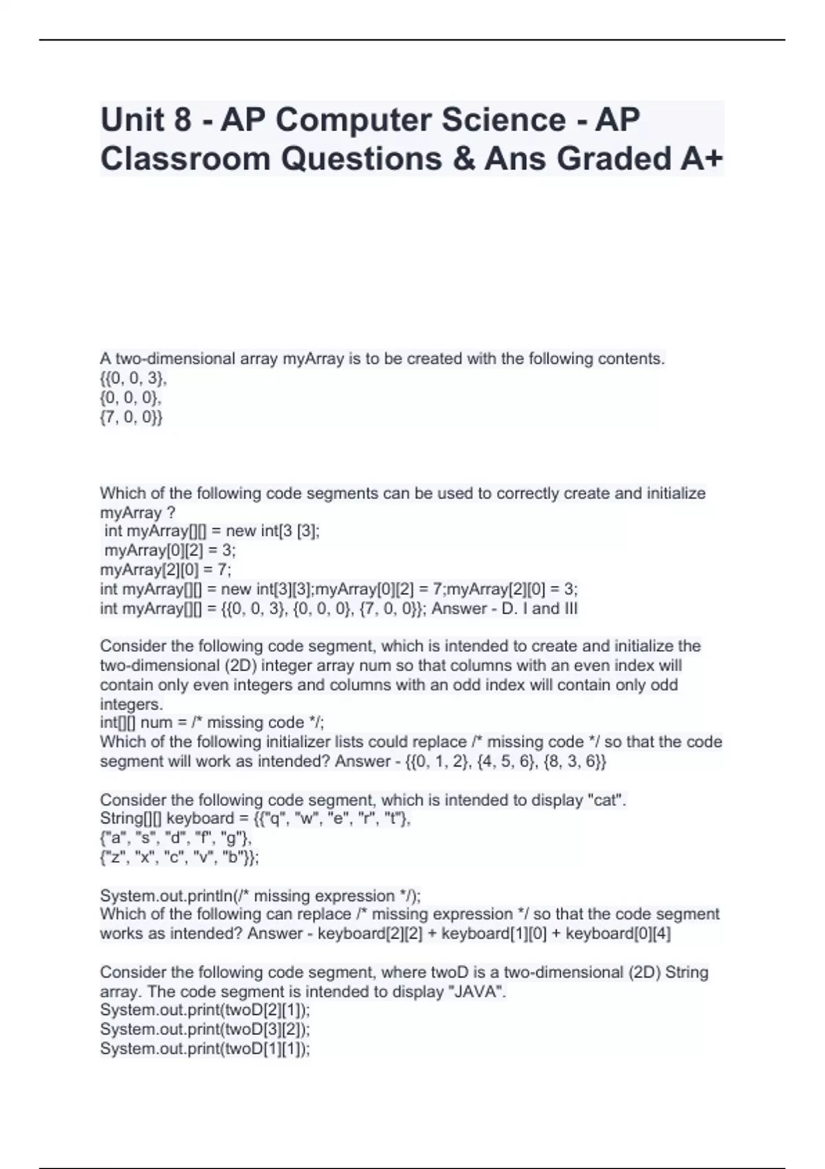 Unit 8 - AP Computer Science - AP Classroom Questions & Ans Graded A+ - AP Computer Science ...