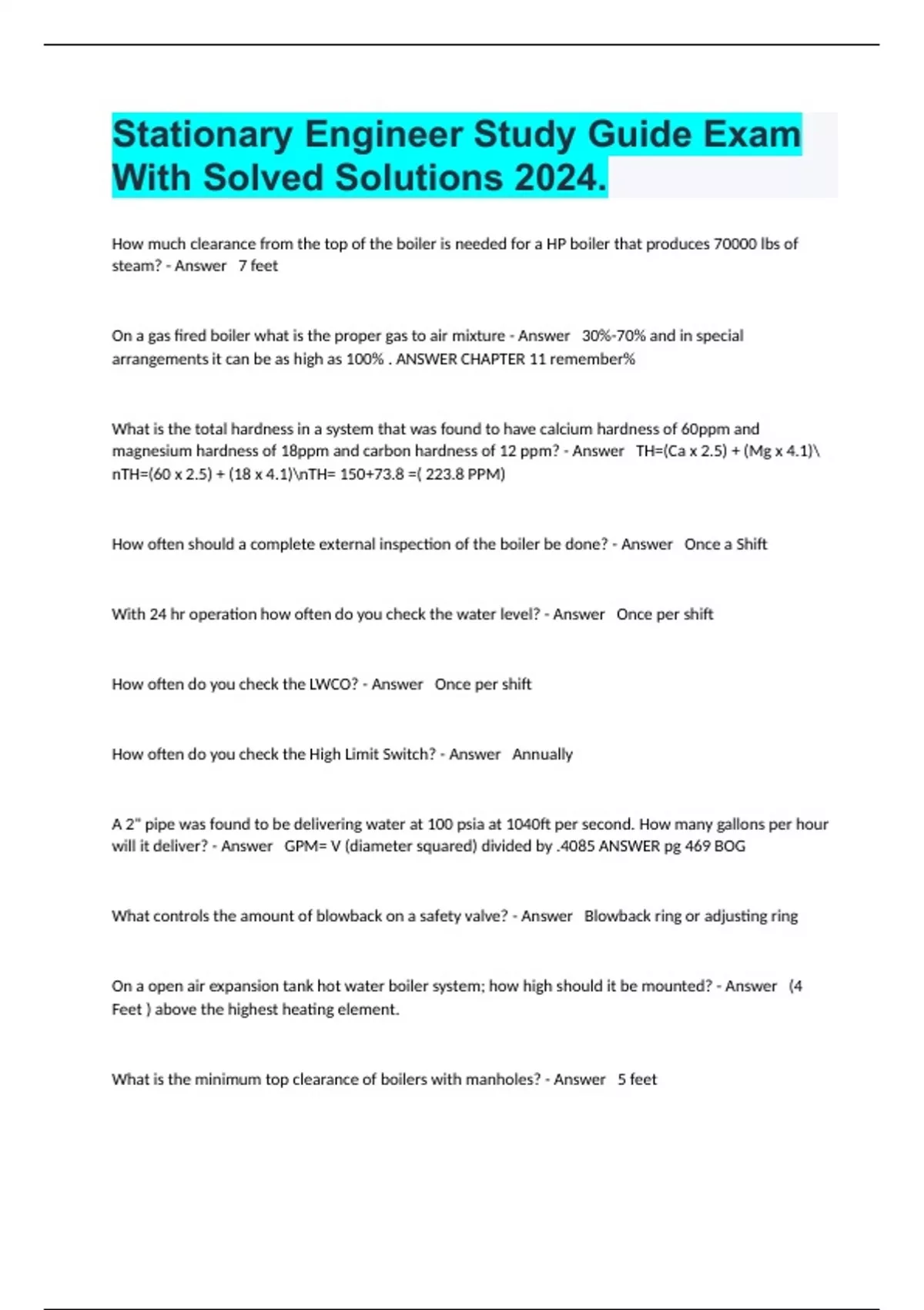 Stationary Engineer Study Guide Exam With Solved Solutions 2024 ...