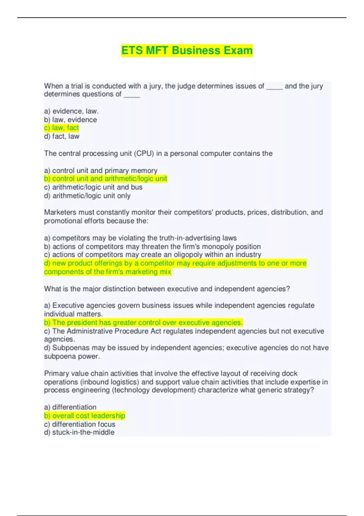 ETS MFT Business Exam - Questions and Answers (Complete Solutions ...