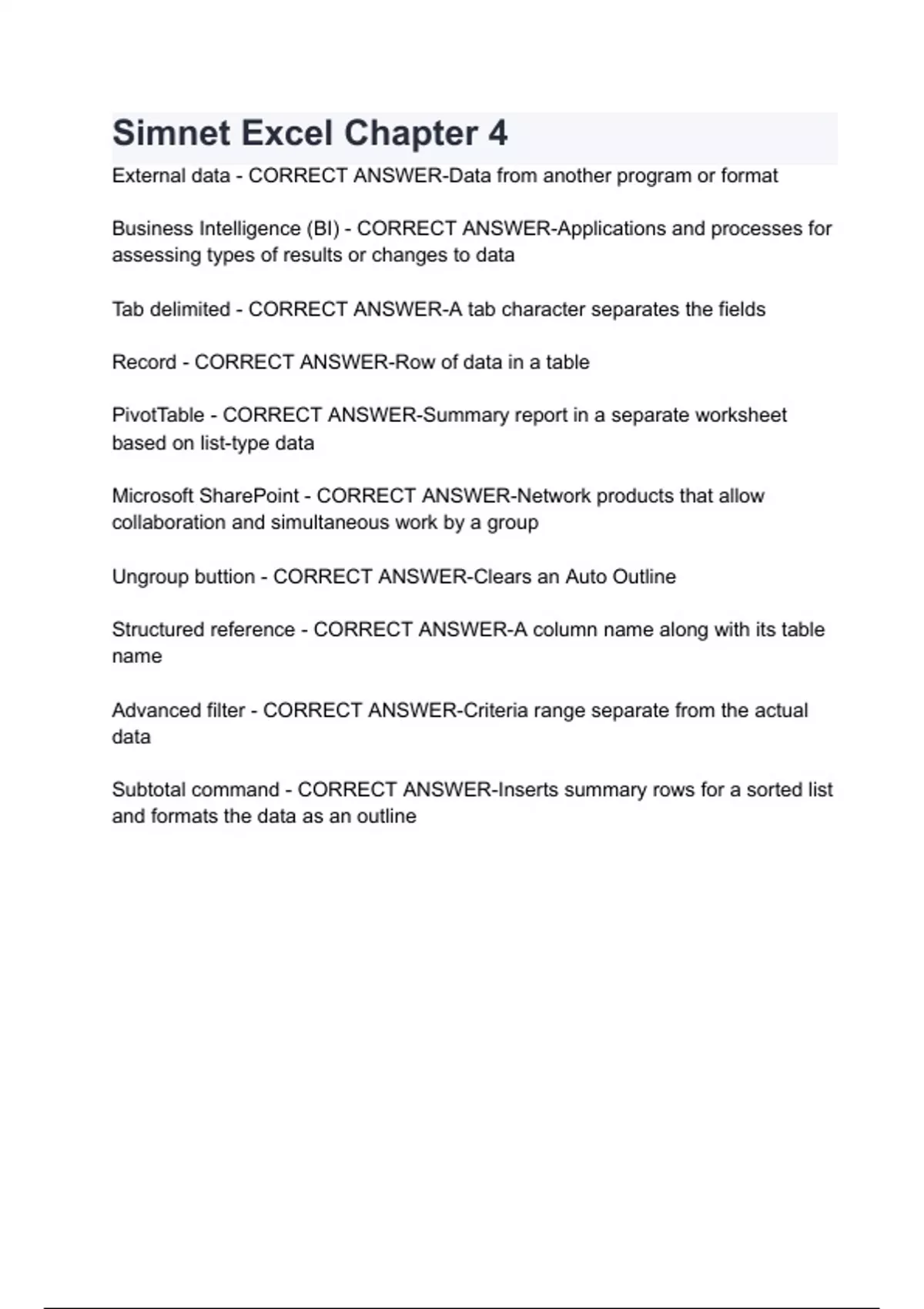Simnet Excel Chapter 4 with complete solution - EXCEL - Stuvia US
