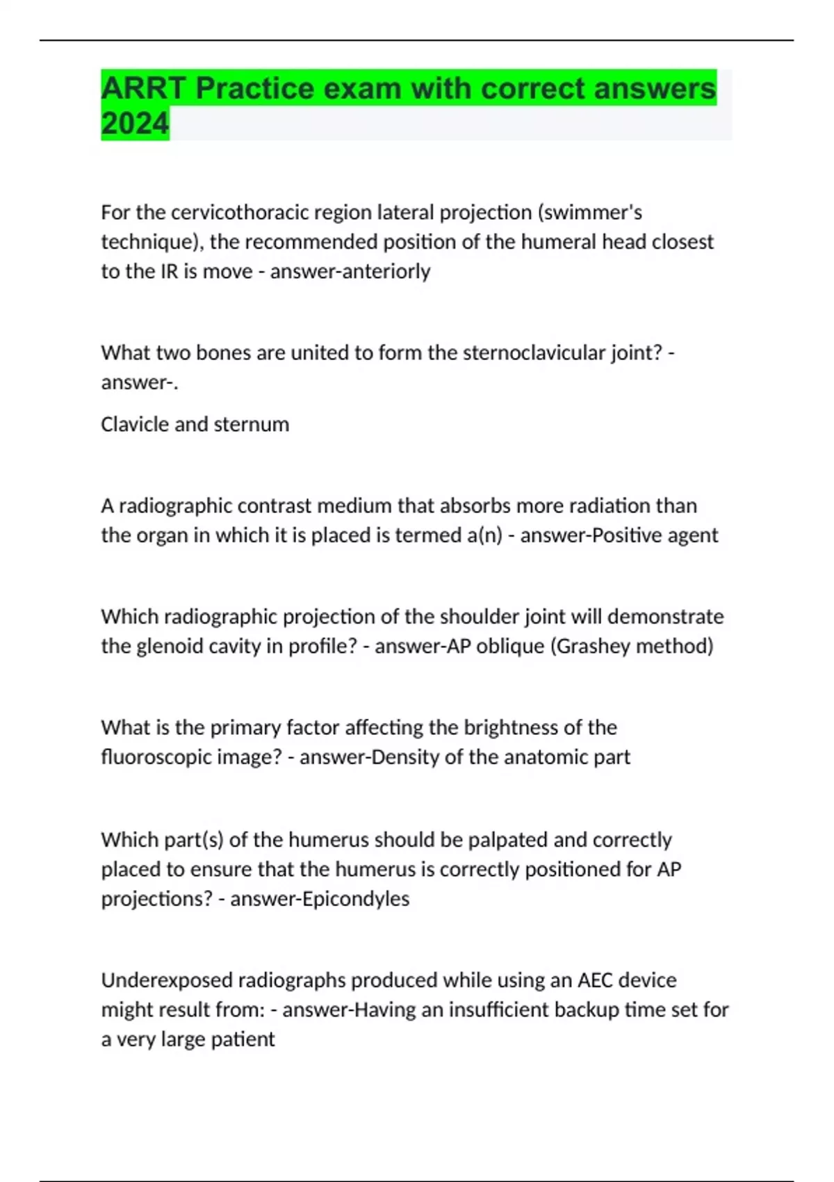 ARRT Practice exam with correct answers 2024 - ARRT - Stuvia US