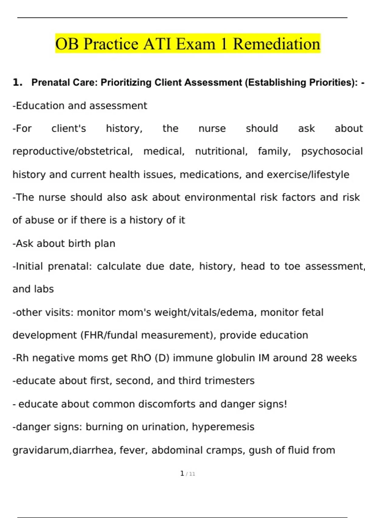 OB Practice ATI Exam 1 Remediation Exam Questions with Complete ...