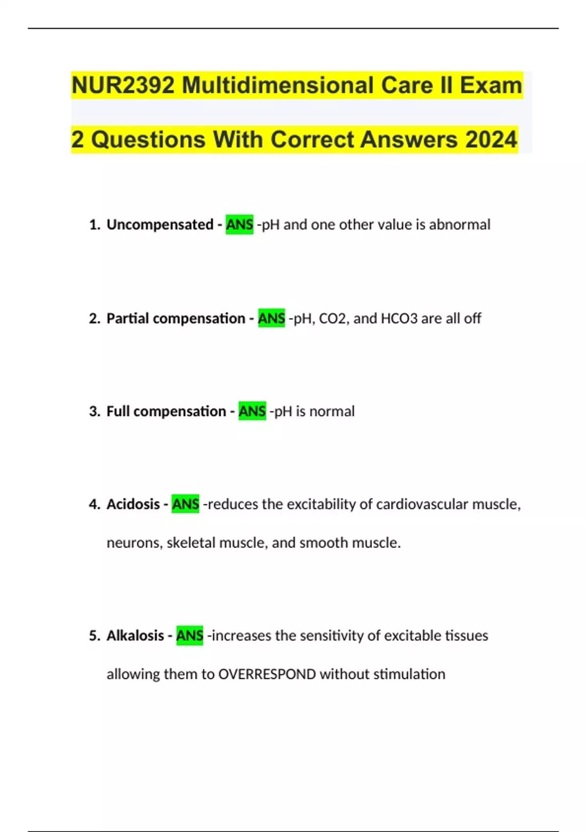 NUR2392 Multidimensional Care II Exam 2 Questions With Correct Answers ...