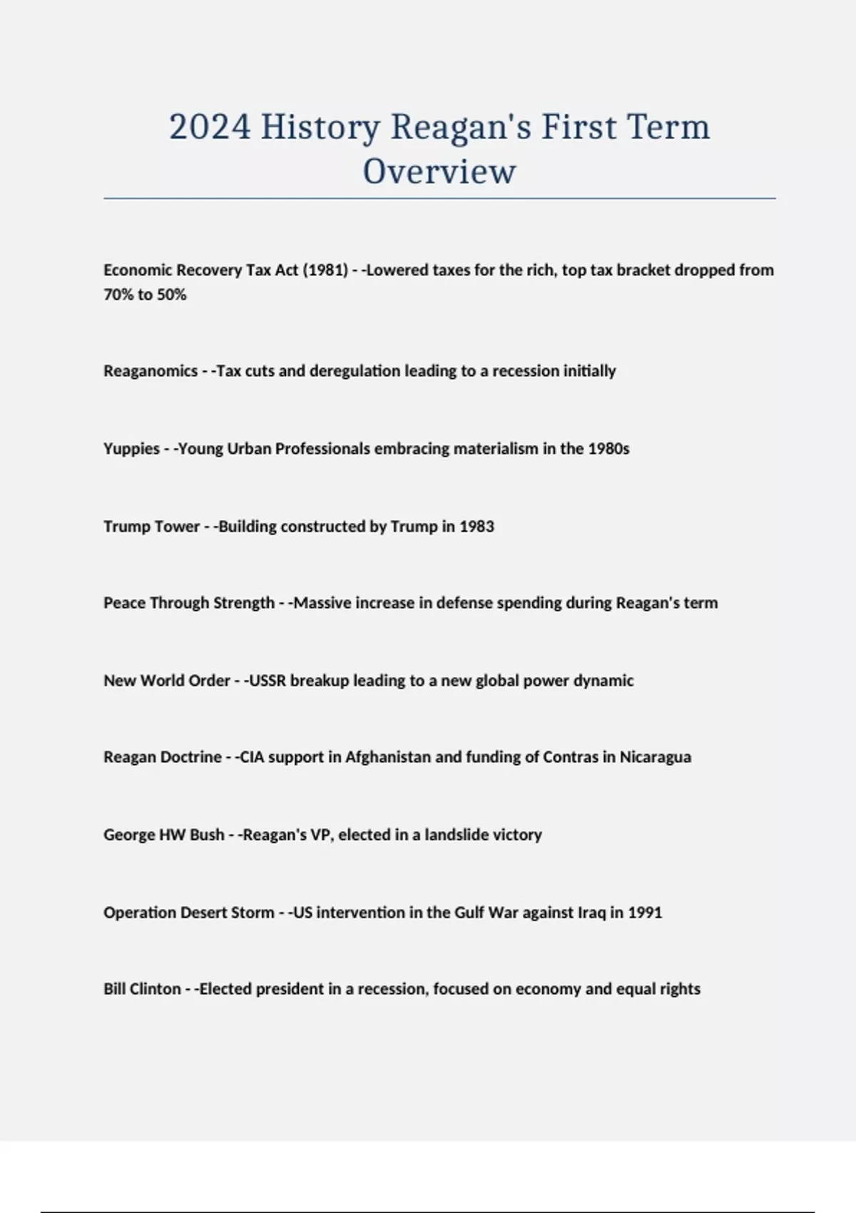 summer 2024 |History Reagan's First Term Overview - History - Stuvia US