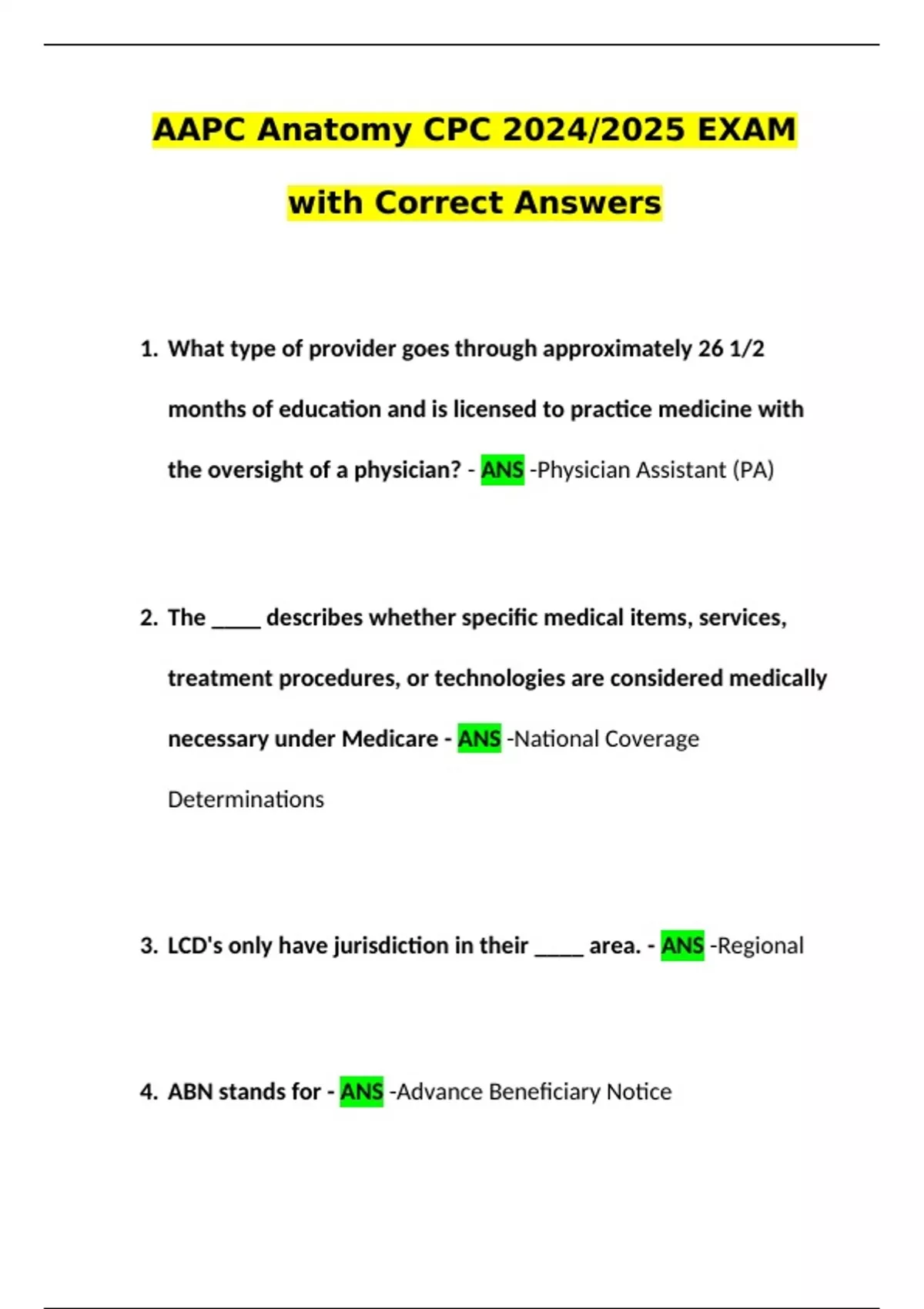 AAPC Anatomy CPC 2024/2025 EXAM with Correct Answers - AAPC CPC - Stuvia US