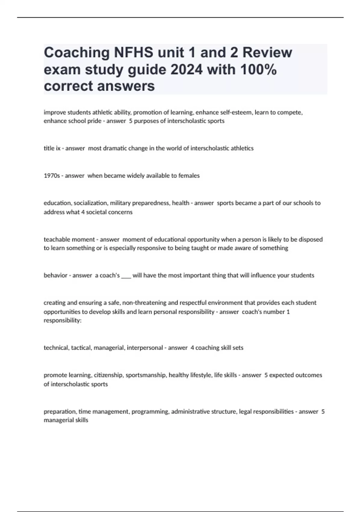 Coaching NFHS unit 1 and 2 Review exam study guide 2024 with 100% ...