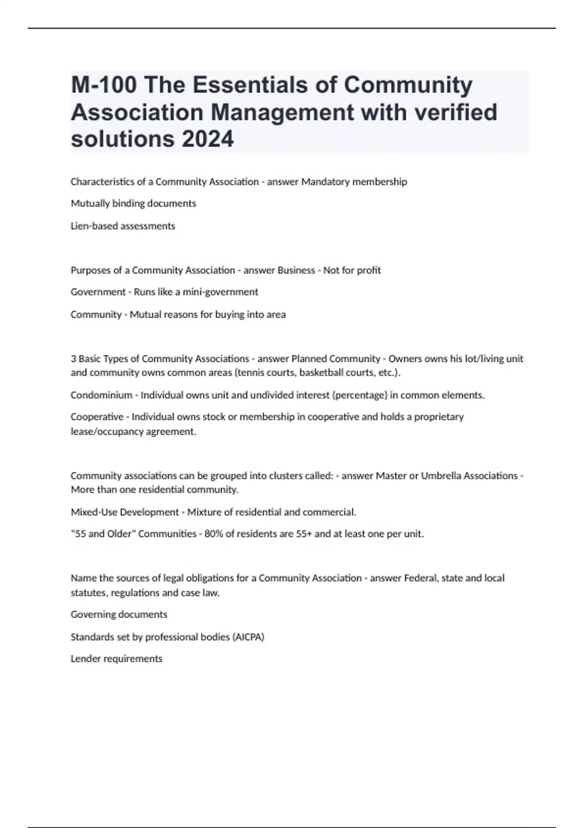 M-100 The Essentials of Community Association Management with verified ...