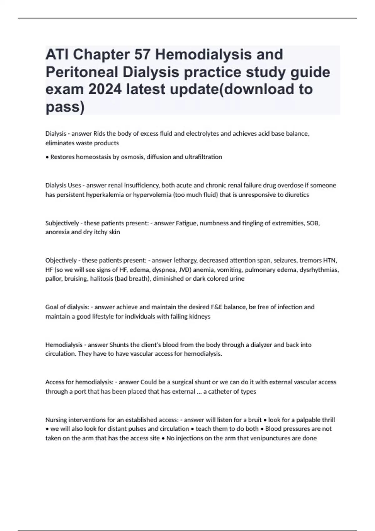 ATI Chapter 57 Hemodialysis and Peritoneal Dialysis practice study ...