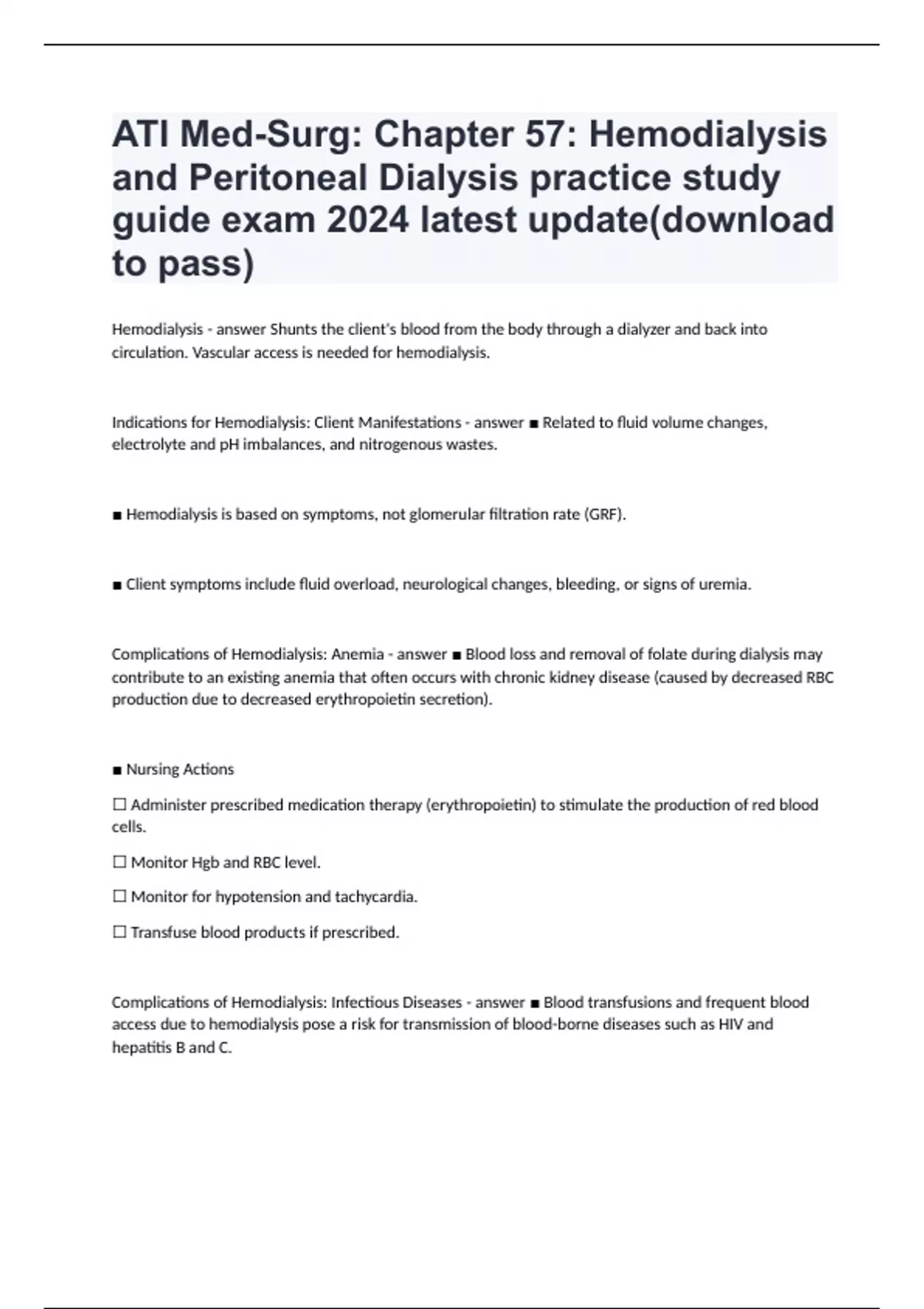 ATI Med-Surg Chapter 57 Hemodialysis and Peritoneal Dialysis practice ...