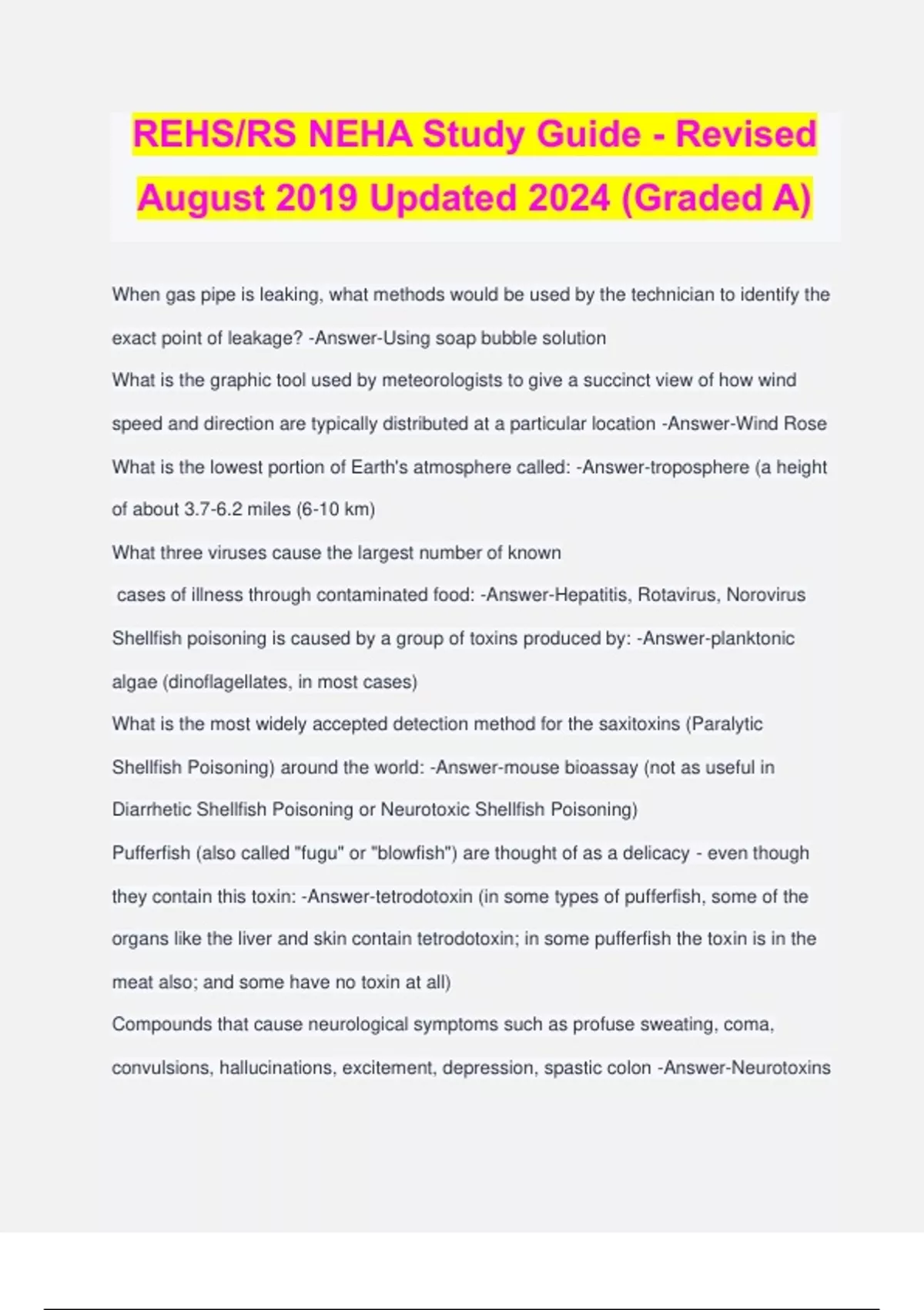 REHS/RS NEHA Study Guide - Revised August 2019 Updated 2024 (Graded A ...