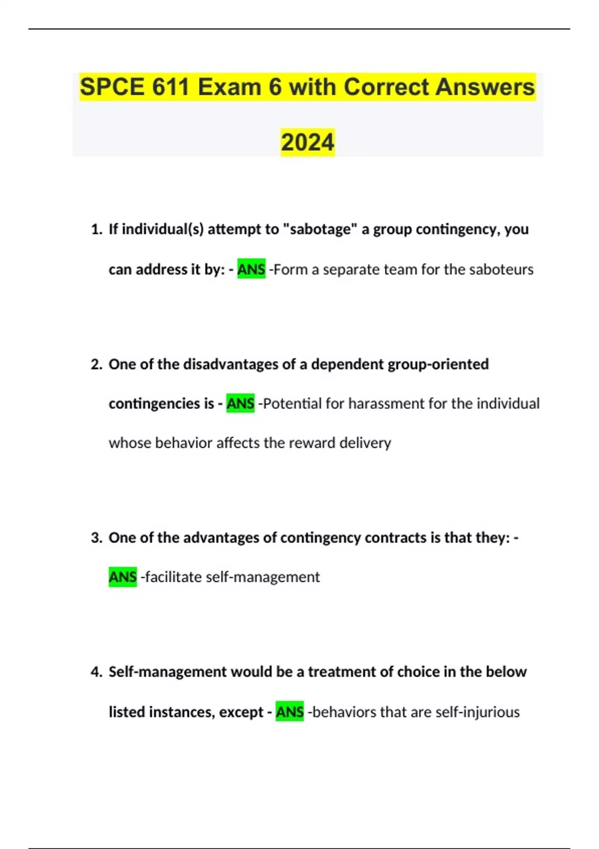 SPCE 611 Exam 6 with Correct Answers 2024 - SPCE - Stuvia US