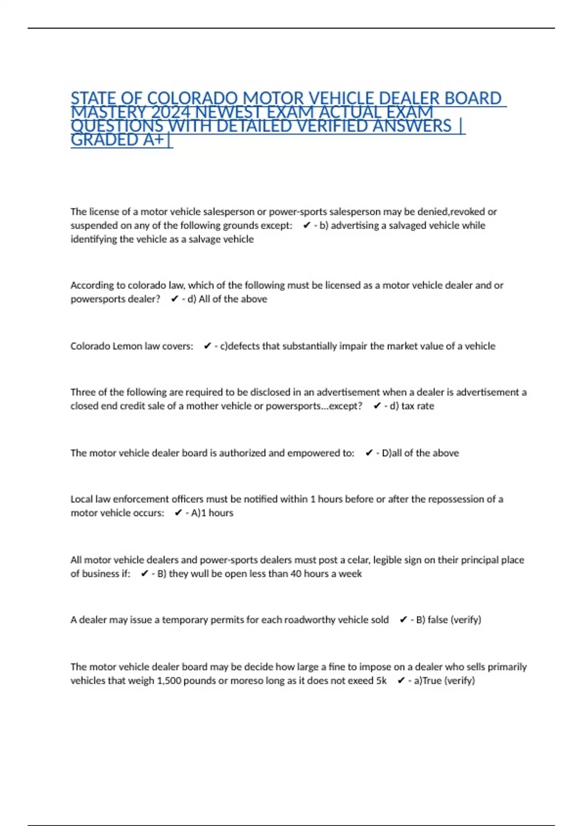 STATE OF COLORADO MOTOR VEHICLE DEALER BOARD MASTERY 2024 NEWEST EXAM ...