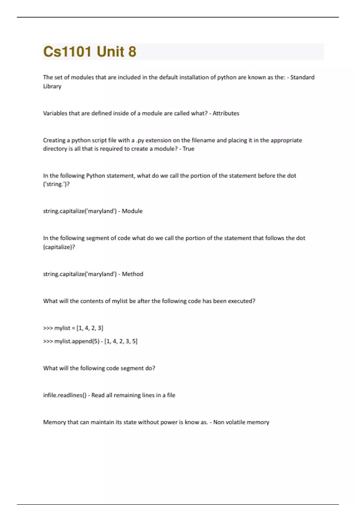 Cs1101 Unit 8 Questions With 100% Correct!! - Cs1101 Unit 8 - Stuvia US