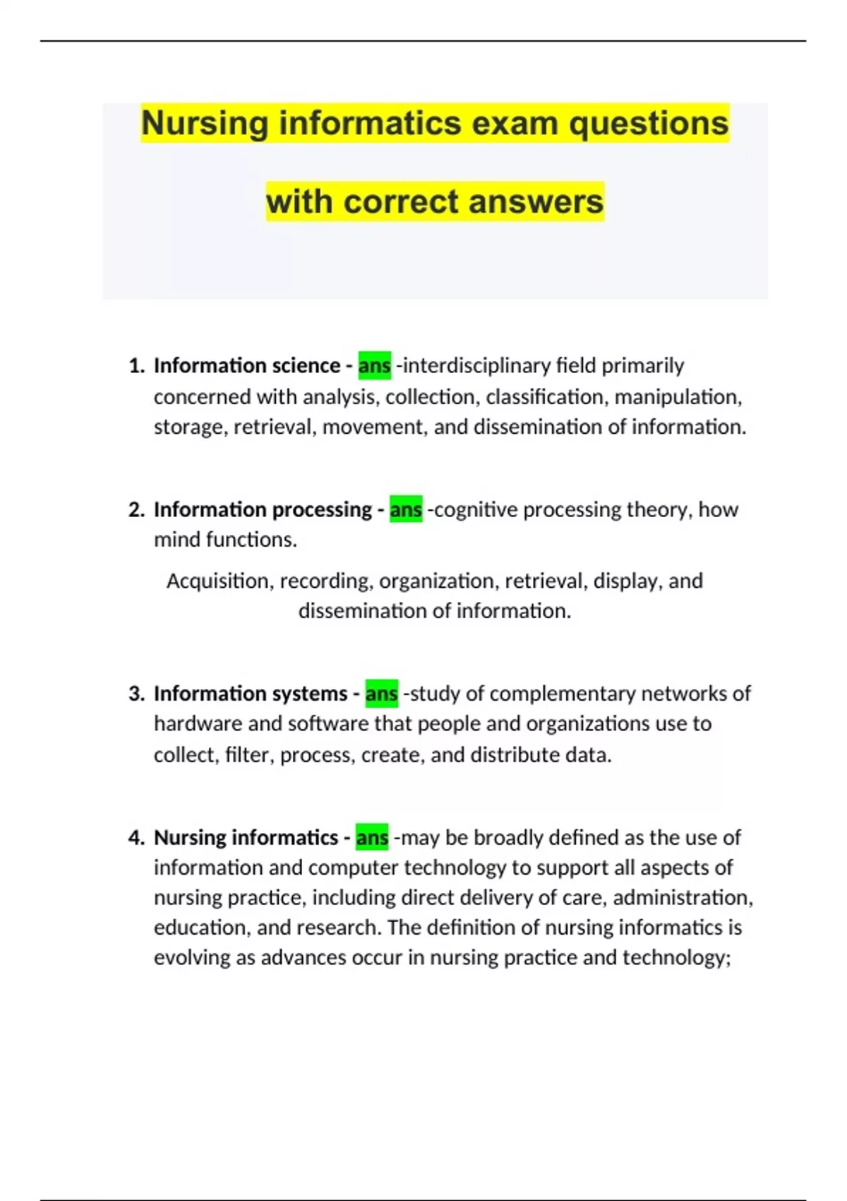 Nursing informatics exam questions with correct answers - Nursing ...