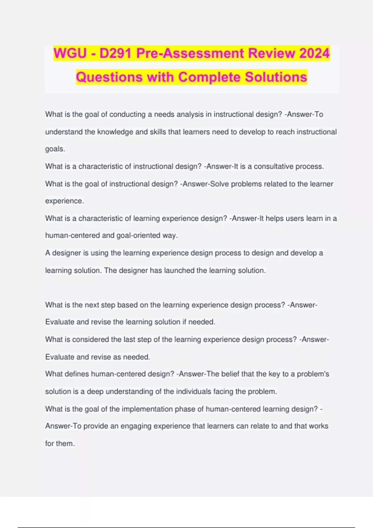 WGU - D291 Pre-Assessment Review 2024 Questions with Complete Solutions - WGU - D291 - Stuvia US