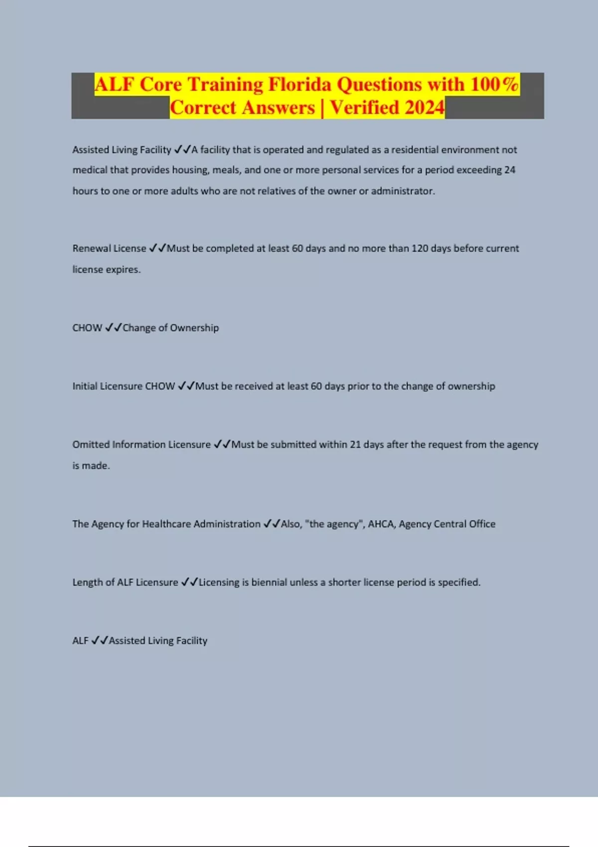 ALF Core Training Florida Questions with 100% Correct Answers ...