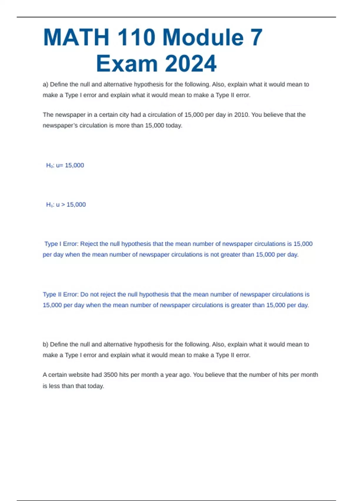 Math 110 Module 7 Exam Math110 Module 7 Exam Introduction To Statistics Latest 2024 Portage