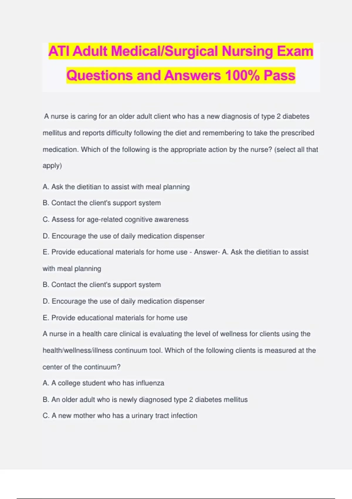 ATI Adult Medical/Surgical Nursing Exam Questions and Answers 100% Pass ...