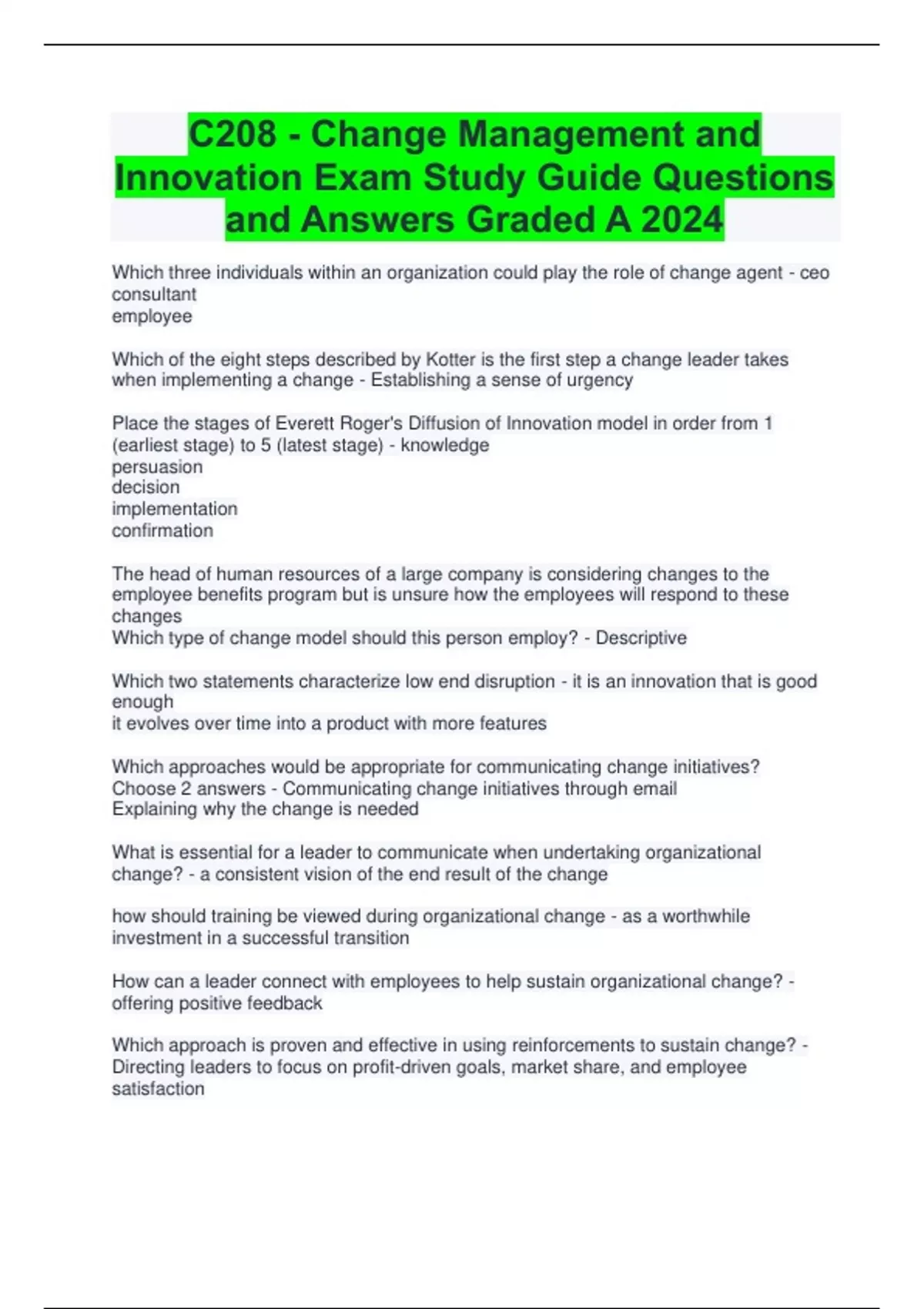C208 - Change Management and Innovation Exam Study Guide Questions and ...