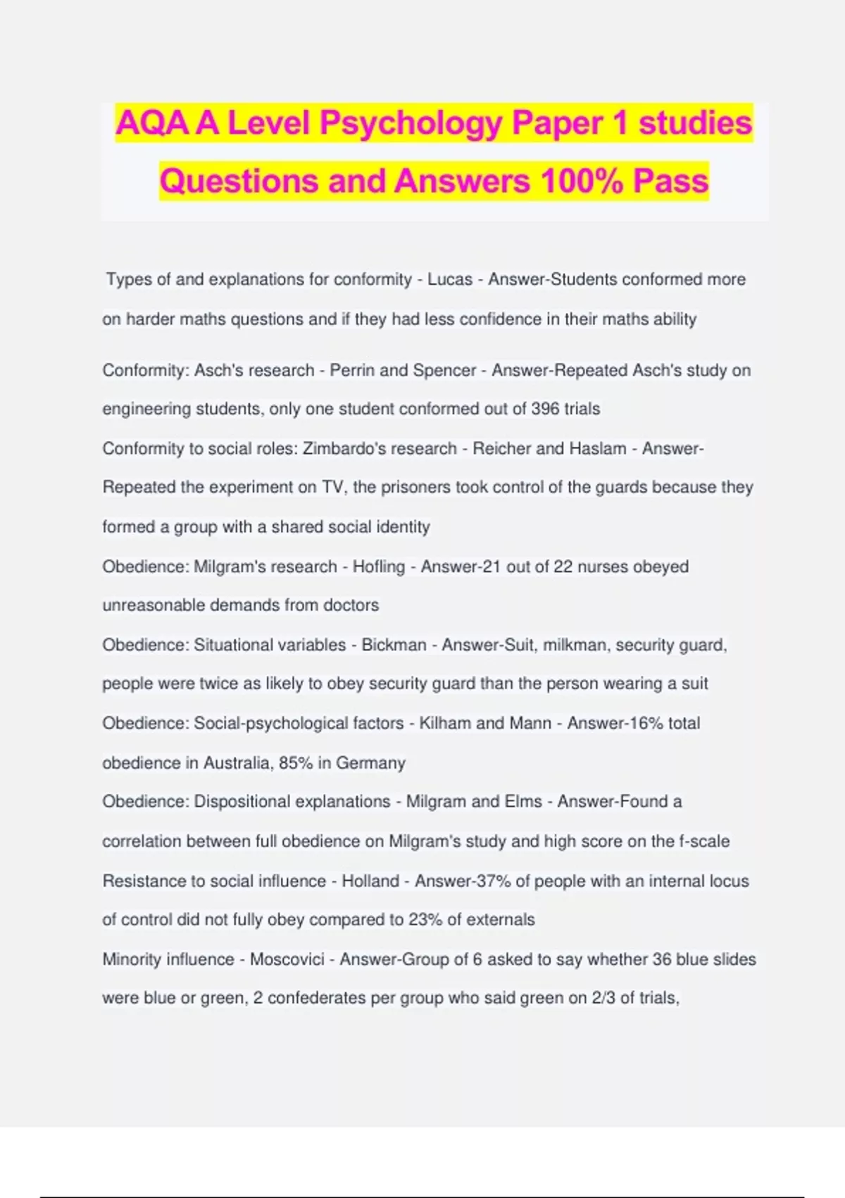 AQA A Level Psychology Paper 1 studies Questions and Answers 100% Pass ...