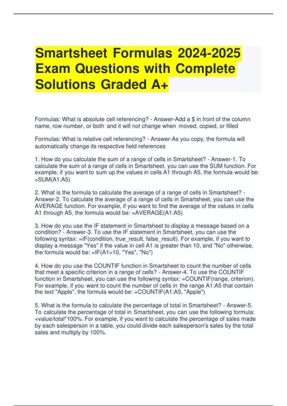 Smartsheet Formulas Exam Questions with Complete Solutions Graded A+ - Smartsheet Formulas 2024 ...