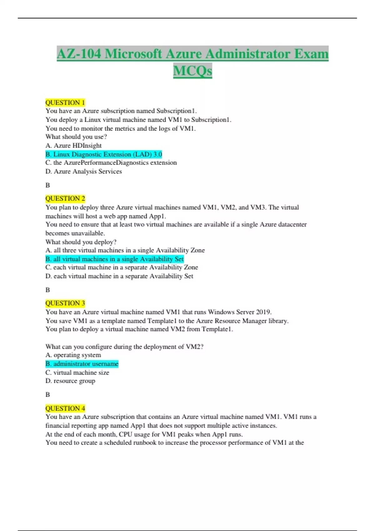 AZ-104 Azure Administrator Exam 250 MCQs Completed with 100% Correct ...