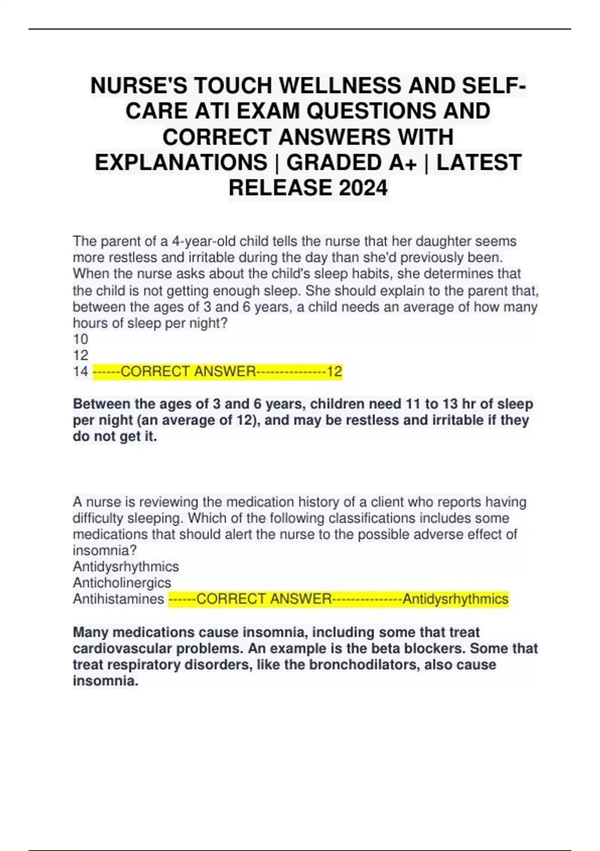 NURSE'S TOUCH WELLNESS AND SELFCARE ATI EXAM QUESTIONS AND CORRECT ...