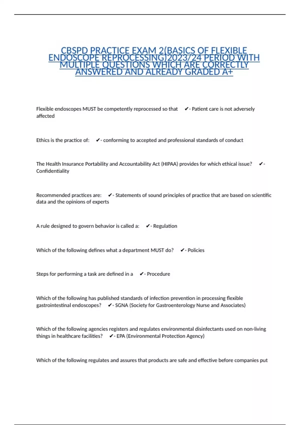 CBSPD PRACTICE EXAM 2(BASICS OF FLEXIBLE ENDOSCOPE REPROCESSING)2023/24 ...