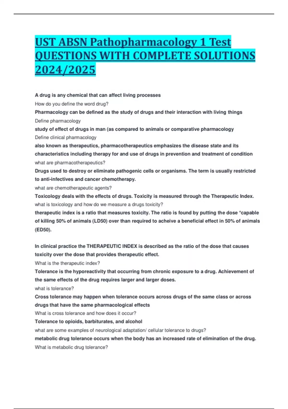 UST ABSN Pathopharmacology 1 Test QUESTIONS WITH COMPLETE SOLUTIONS ...