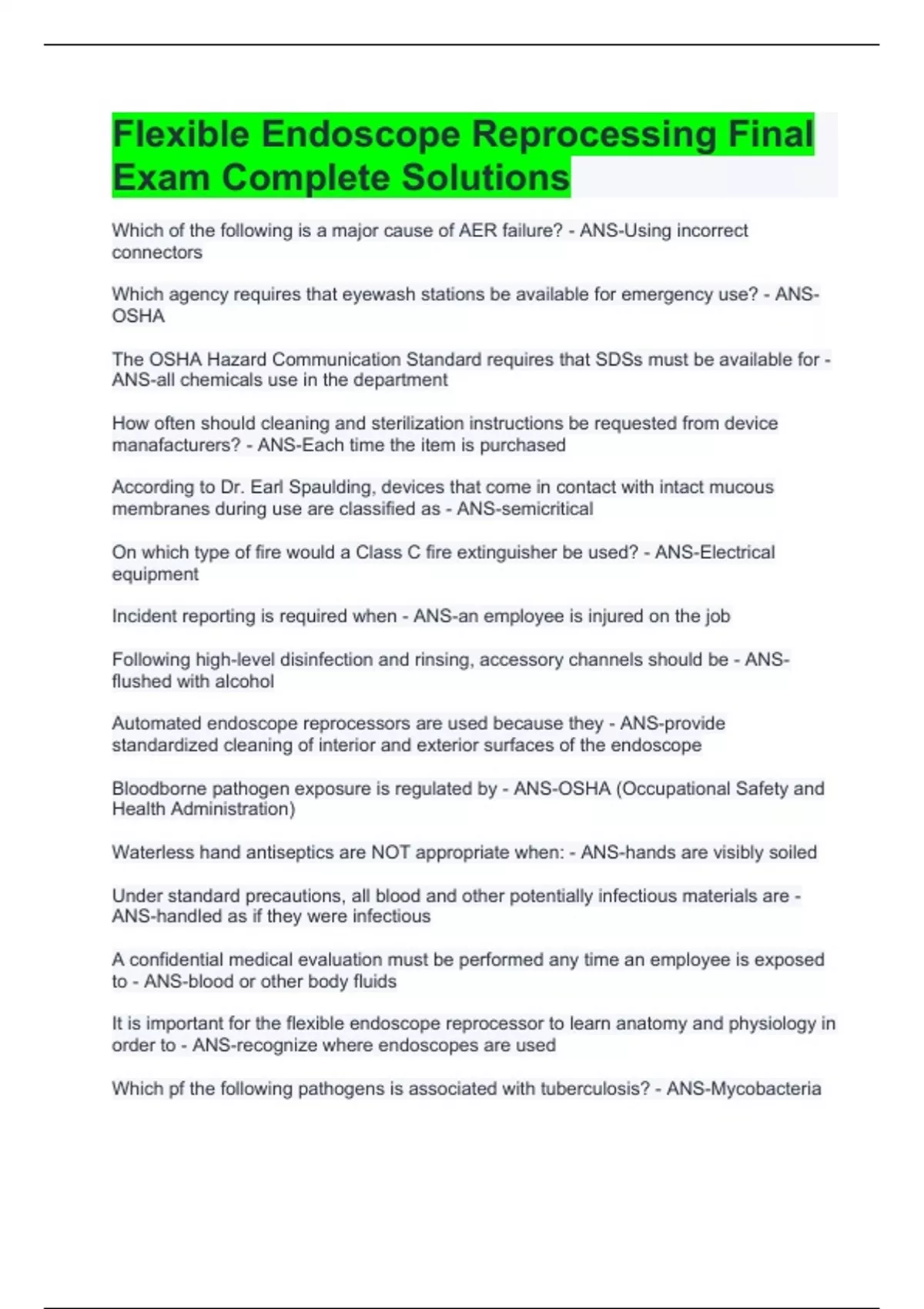 Flexible Endoscope Reprocessing Final Exam Complete Solutions - CBSPD - Stuvia US