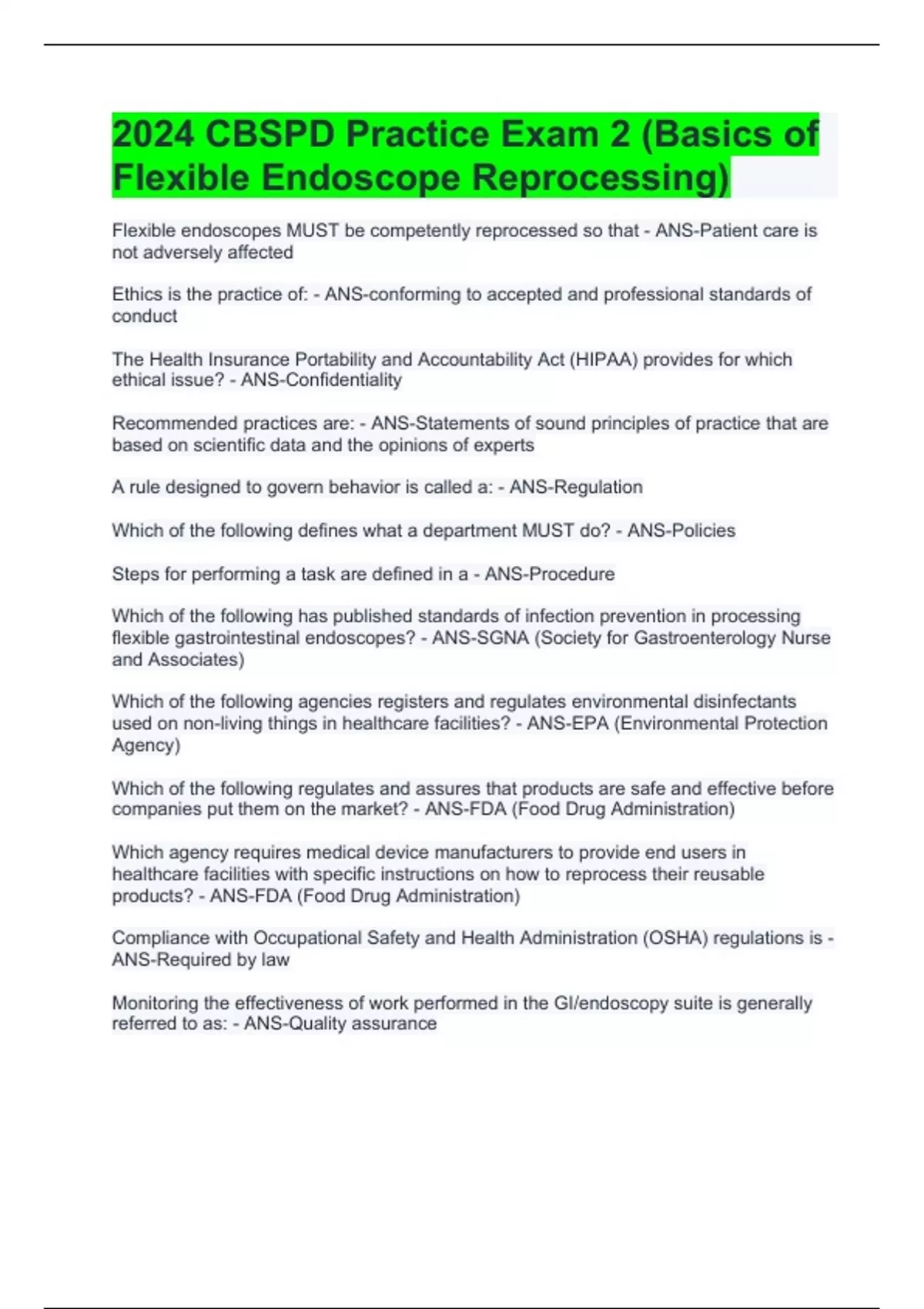 2024 CBSPD Practice Exam 2 (Basics of Flexible Endoscope Reprocessing ...