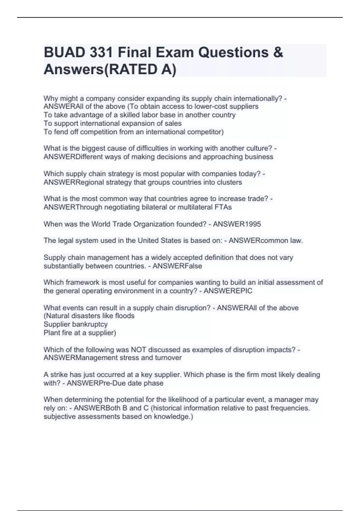 PACKAGE DEAL FOR BUAD 331 EXAM 2024!! - Stuvia US