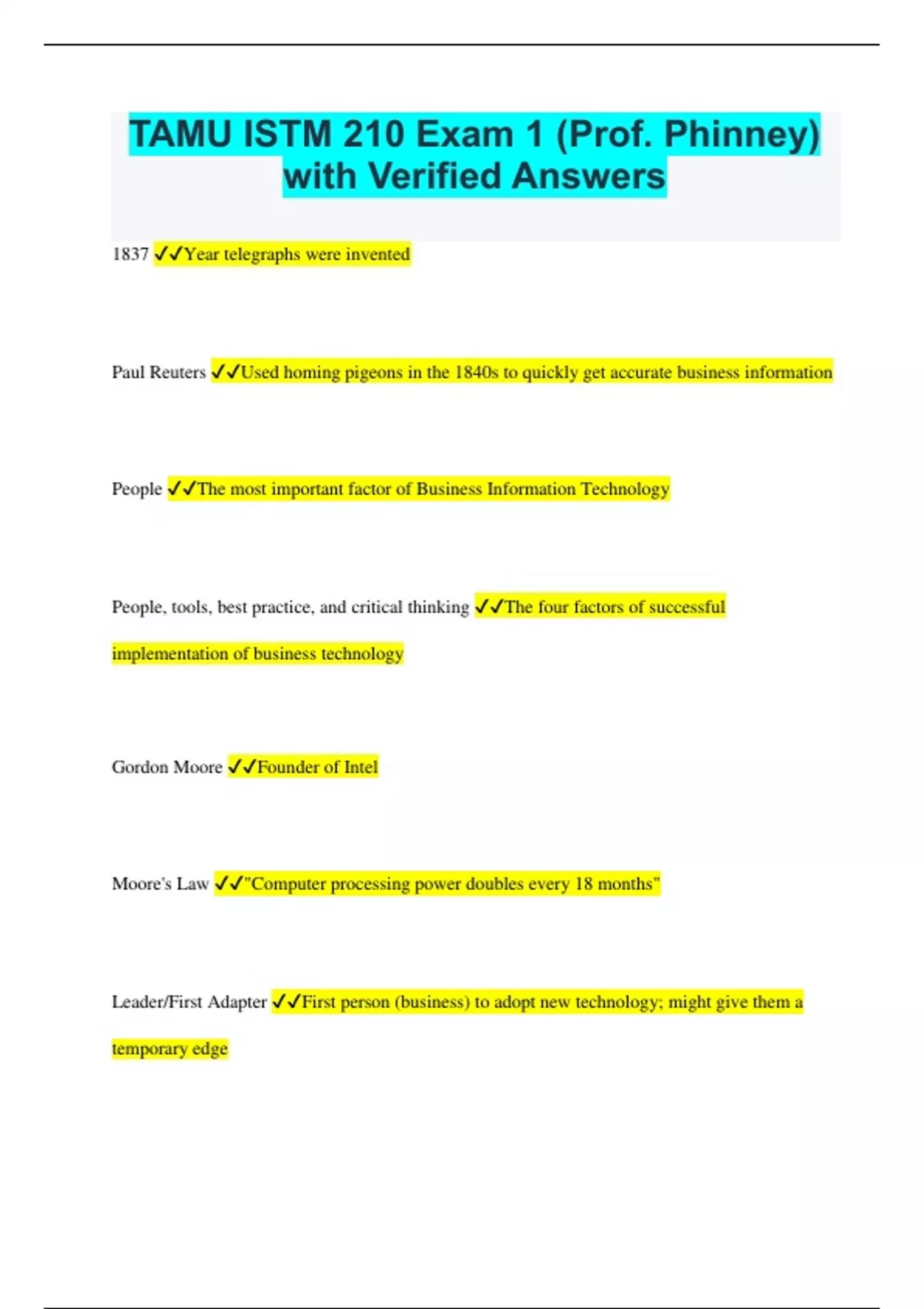 TAMU ISTM 210 Exam 1 (Prof. Phinney) with Verified Answers - TAMU ISTM ...