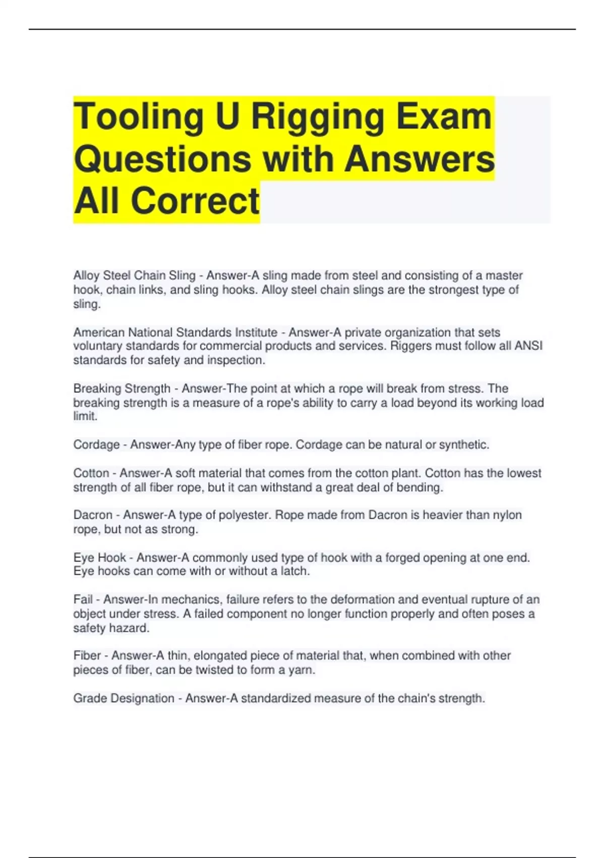 Tooling U Rigging Exam Questions with Answers All Correct - Tooling U ...