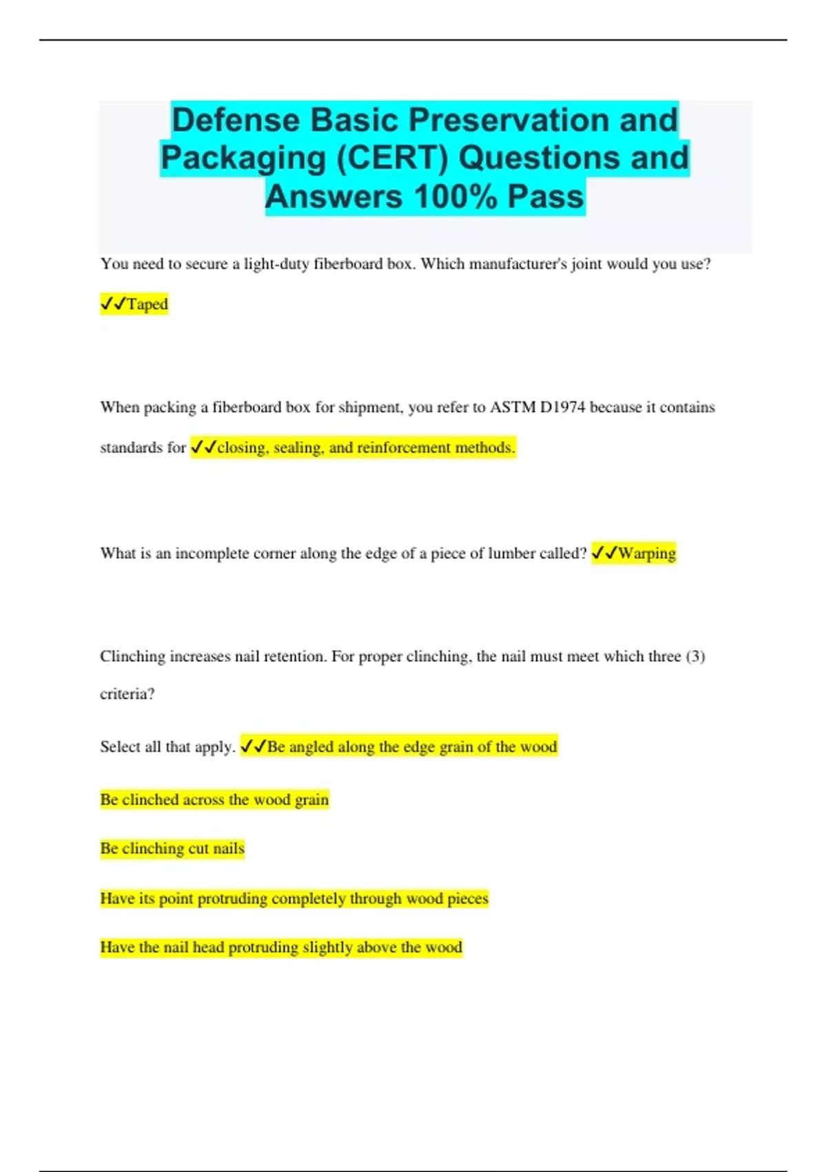Defense Basic Preservation and Packaging (CERT) Questions and Answers 100% Pass - Defense Basic ...