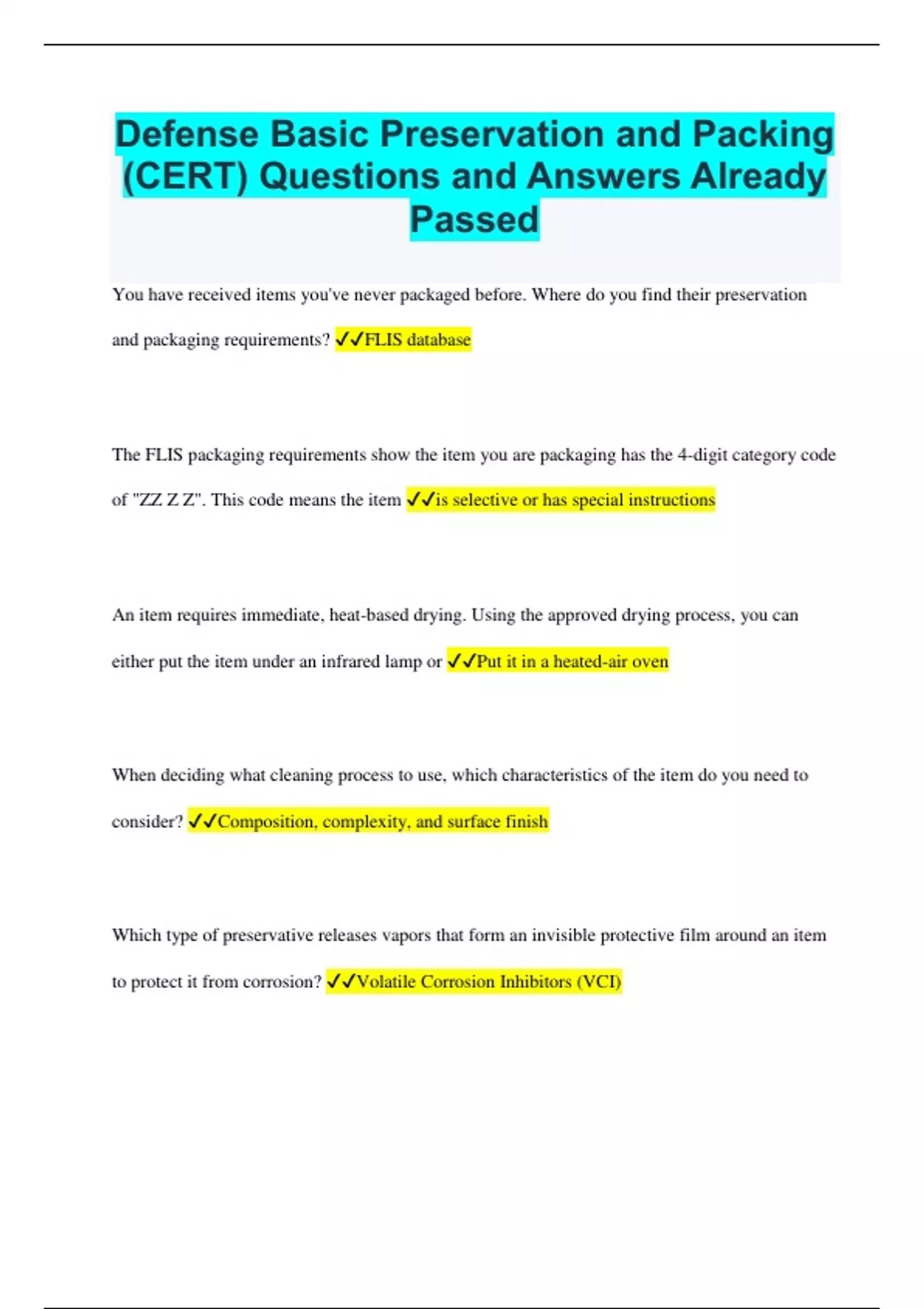 Defense Basic Preservation and Packing (CERT) Questions and Answers Already Passed - Defense ...