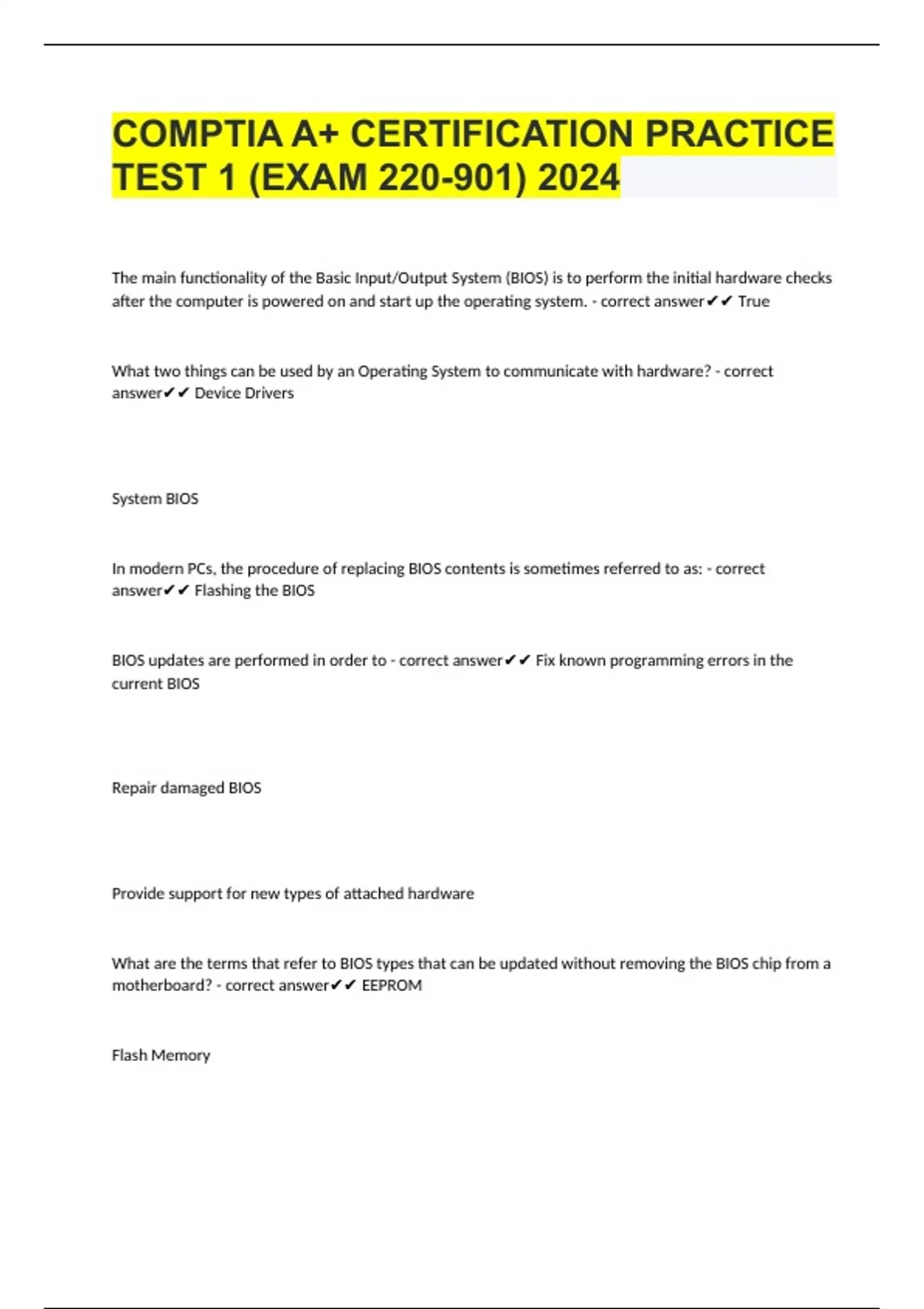 COMPTIA A+ CERTIFICATION PRACTICE TEST 1 (EXAM 220-901) 2024 - COMPTIA ...