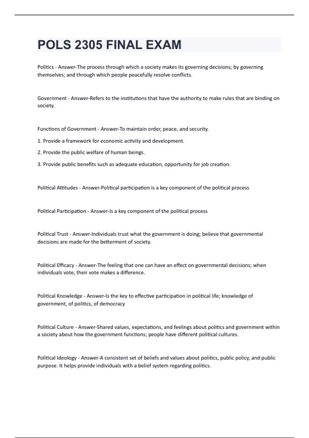 POLS 2305 FINAL EXAM Complete Questions And Answers - POLS 2305 - Stuvia US