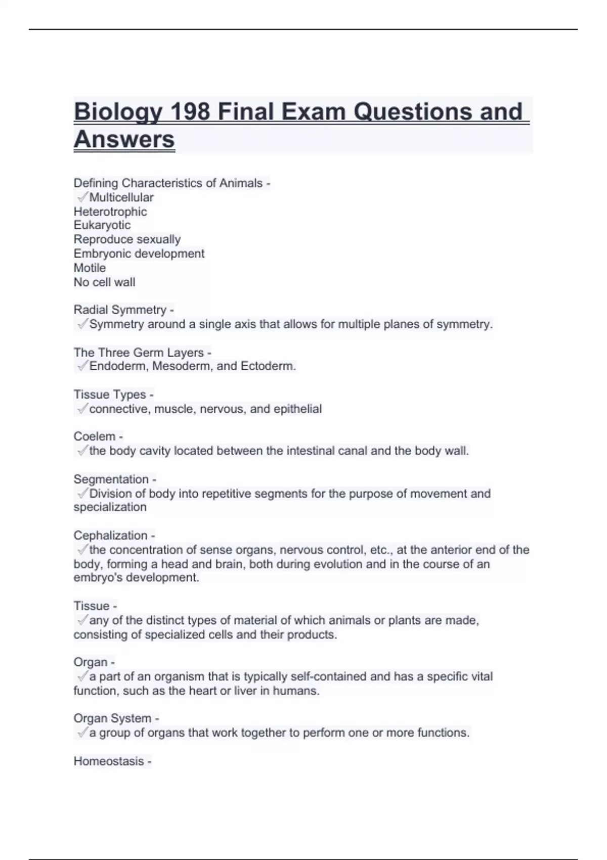 Biology 198 Final Exam Questions and Answers - Biology - Stuvia US