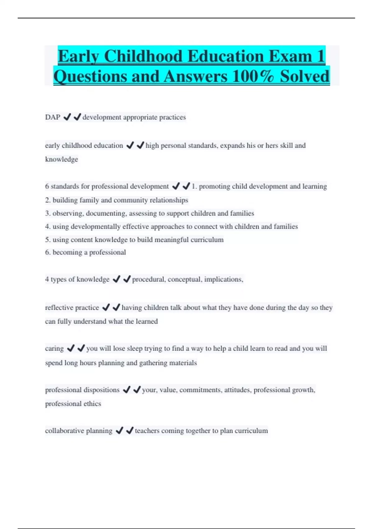 Early Childhood Education Exam 1 Questions and Answers 100% Solved ...