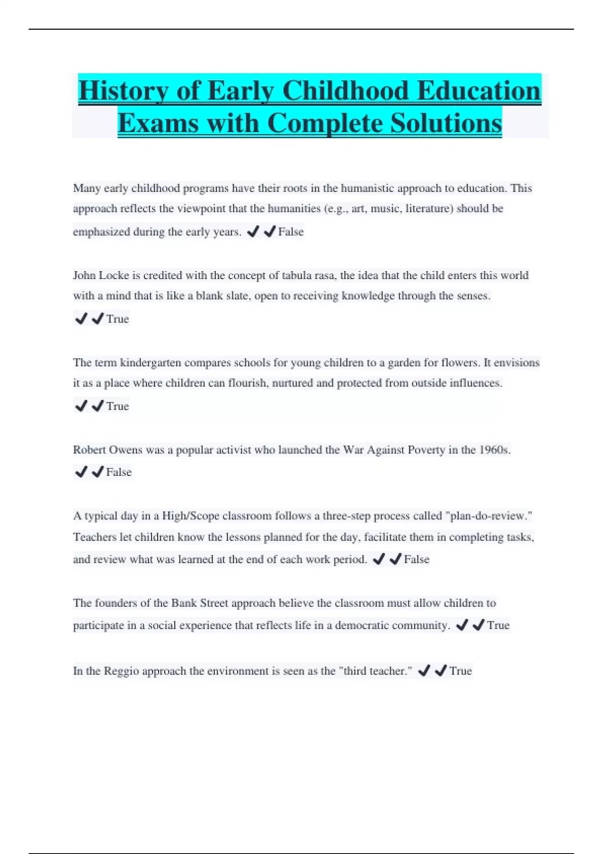 History of Early Childhood Education Exams with Complete Solutions ...